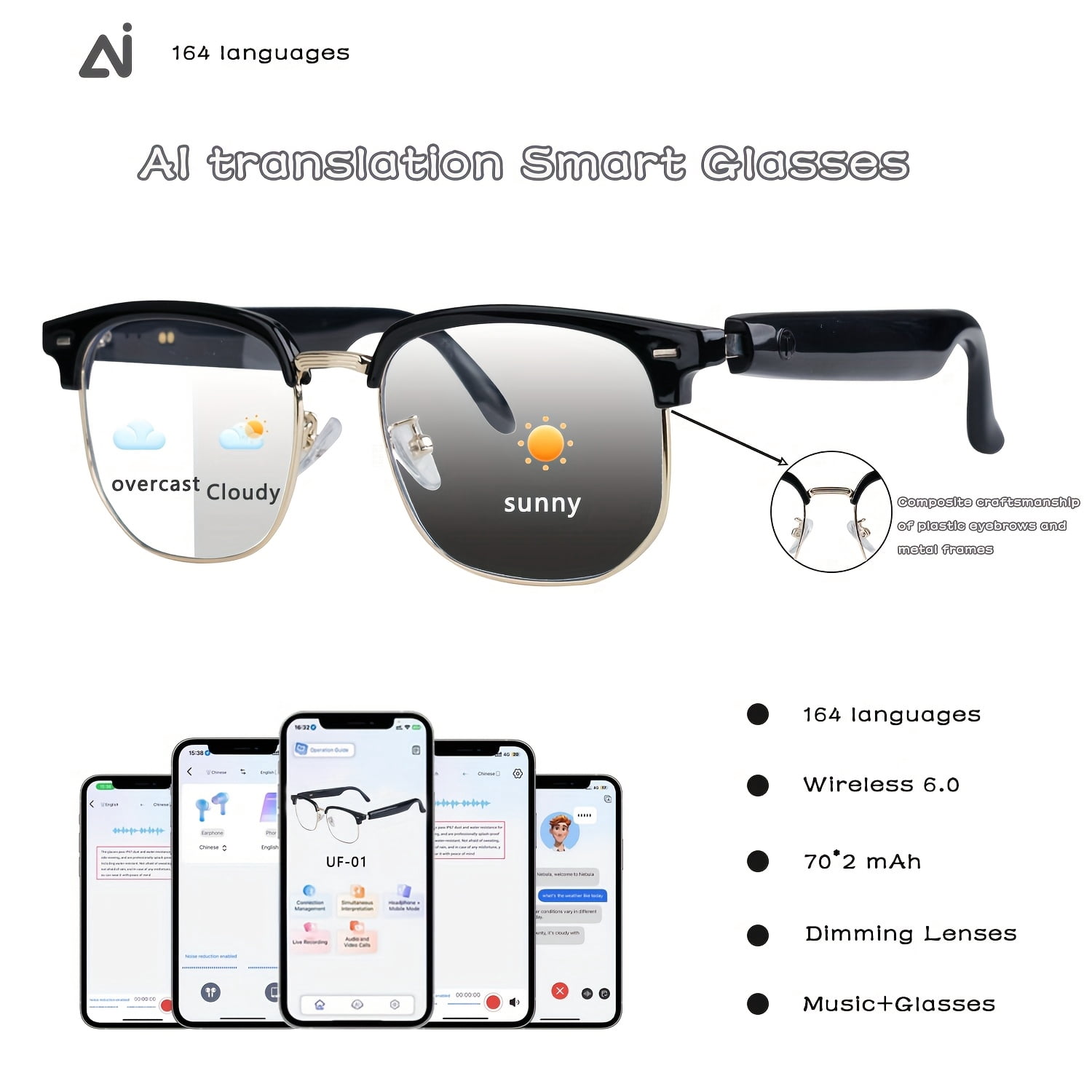 AI translation glasses support 164 languages real-time translation, for ...