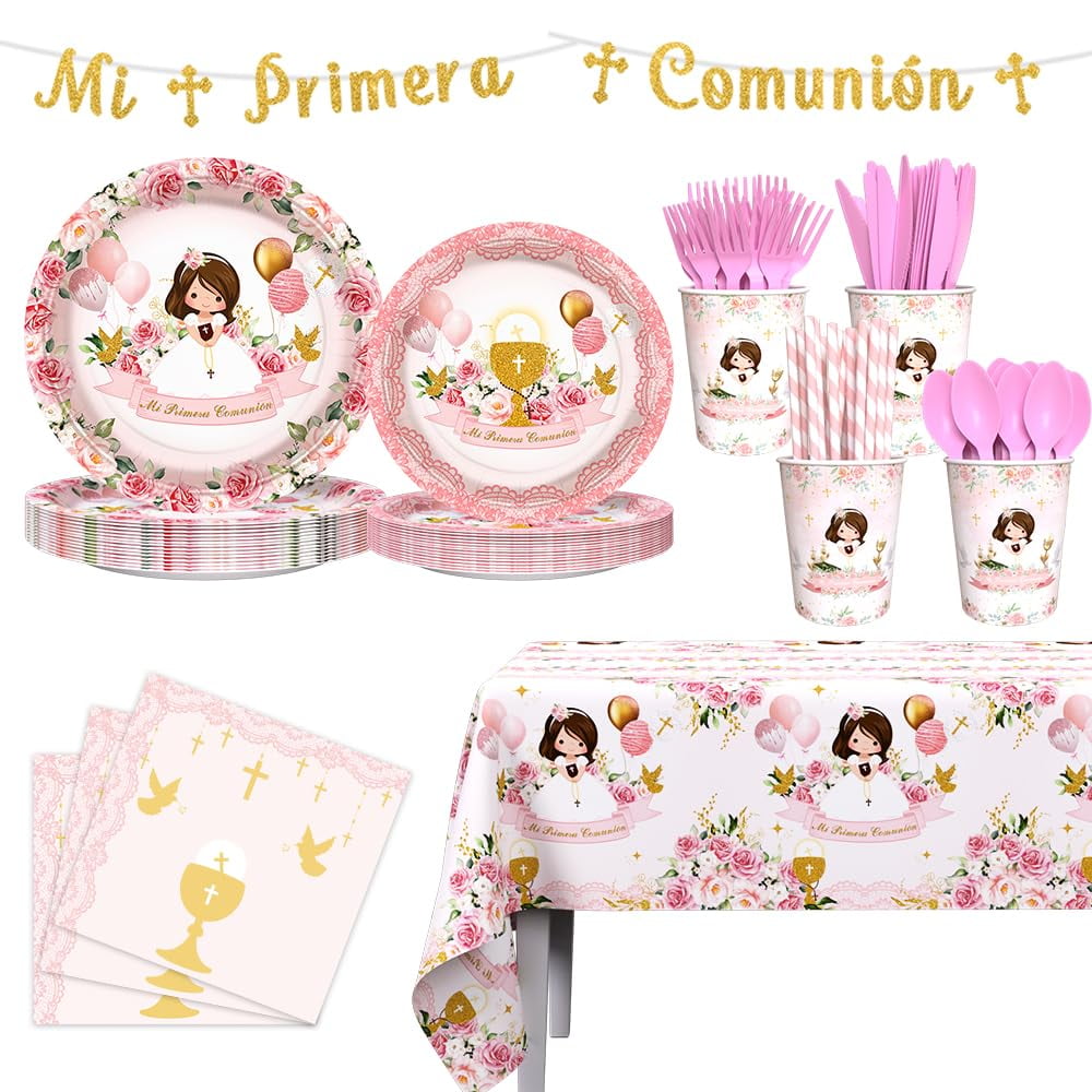 AIBIIN 194Pcs Mi Primera Comunión Decoration for Girls, Pink First ...