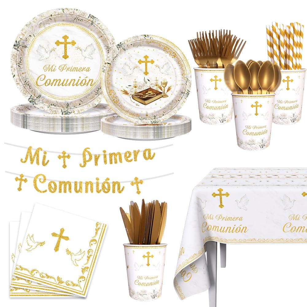 AIBIIN 194Pcs Mi Primera Comunión Decorations, White and Gold First ...