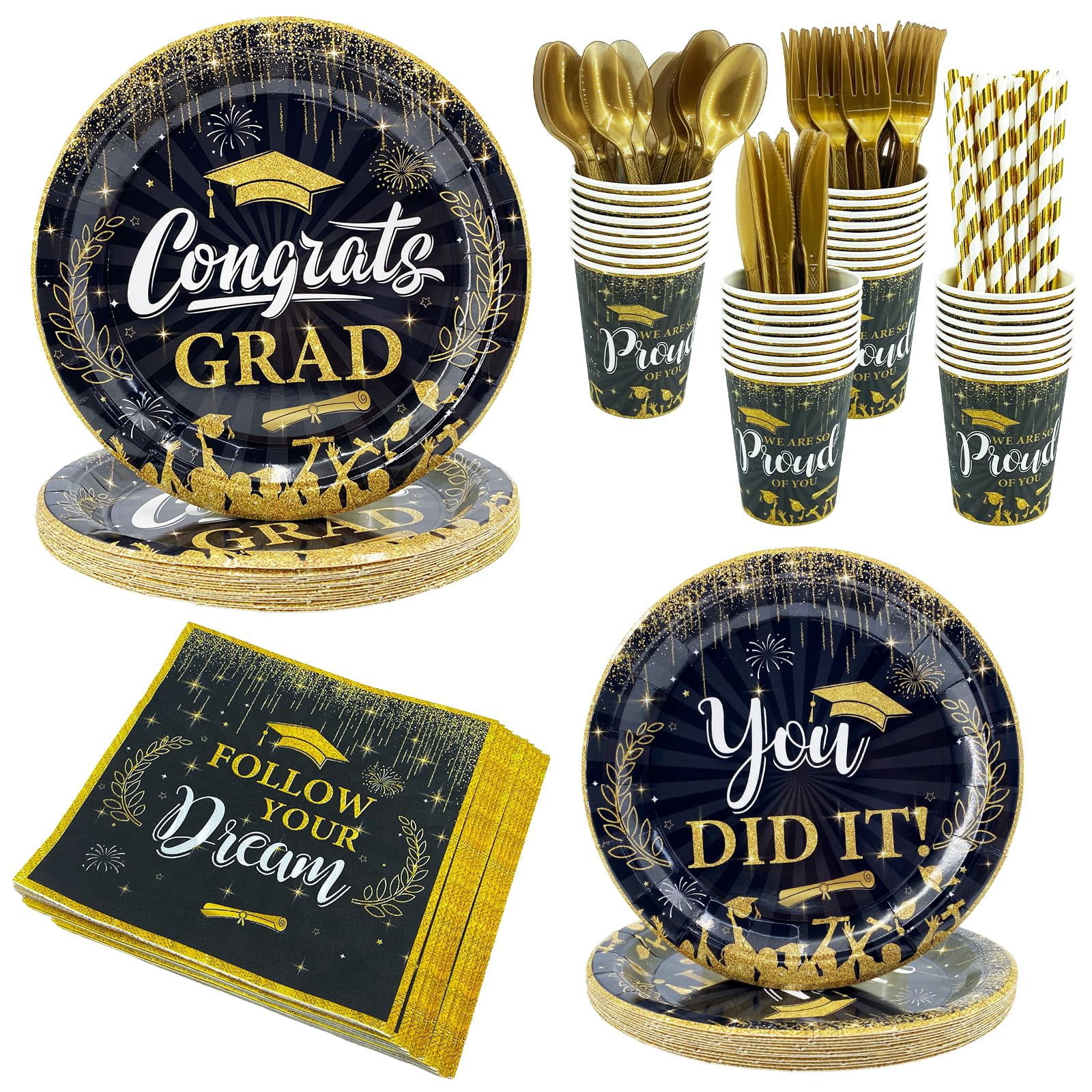 AIBIIN 200Pcs Graduation Party IFF17 Supplies Tableware Set, Black and ...