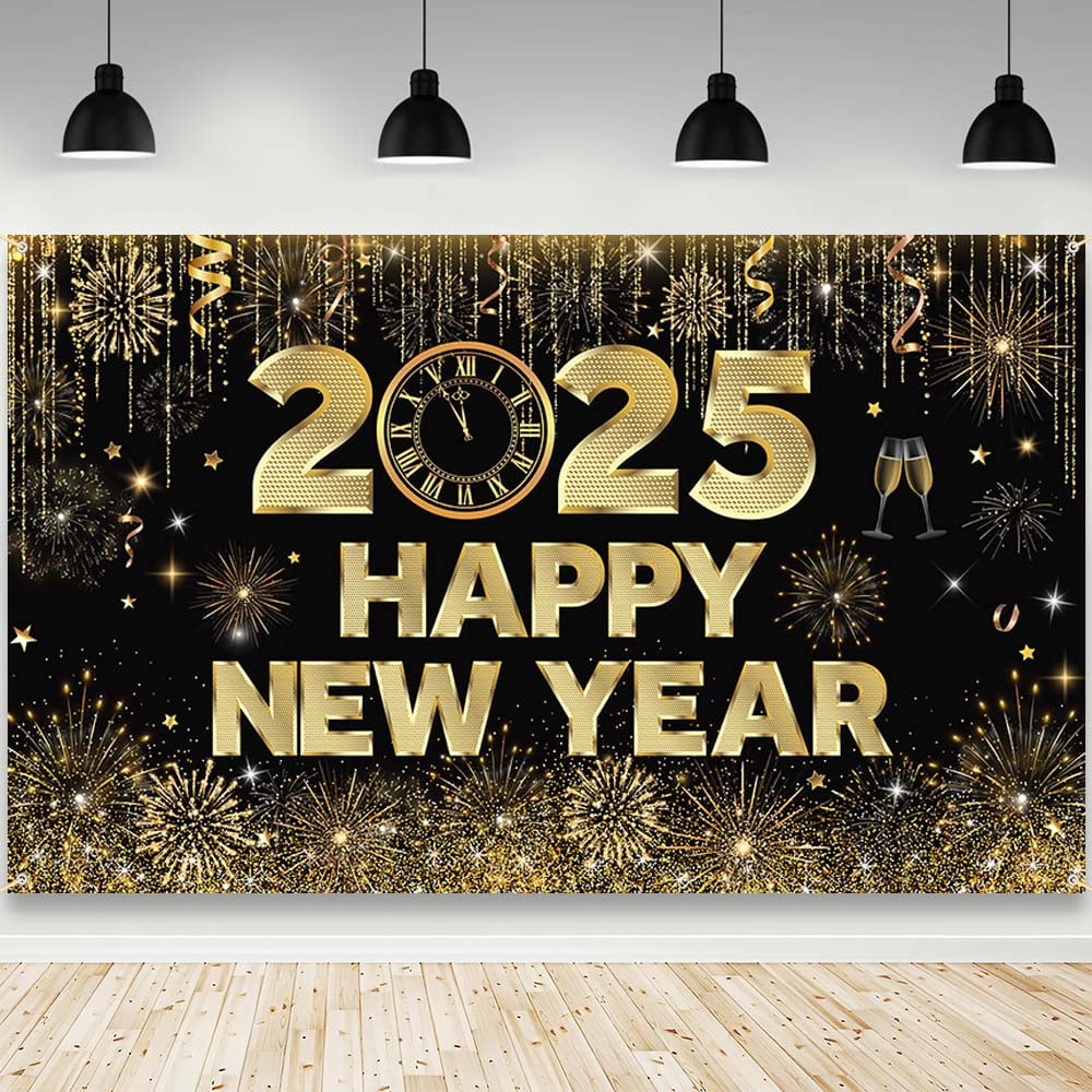 AIBIIN 7x5ft Happy New Year Backdrop Black Gold Glitter Bokeh Fireworks Photography Background ...