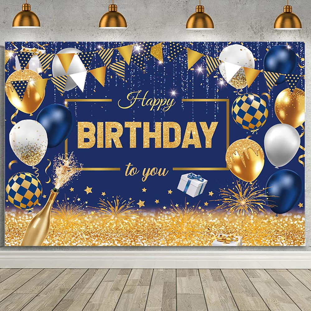 AIBIIN 7x5ft Navy Blue Happy Birthday Backdrop Banner for Women Men Blue Gold Glitter Balloons ...