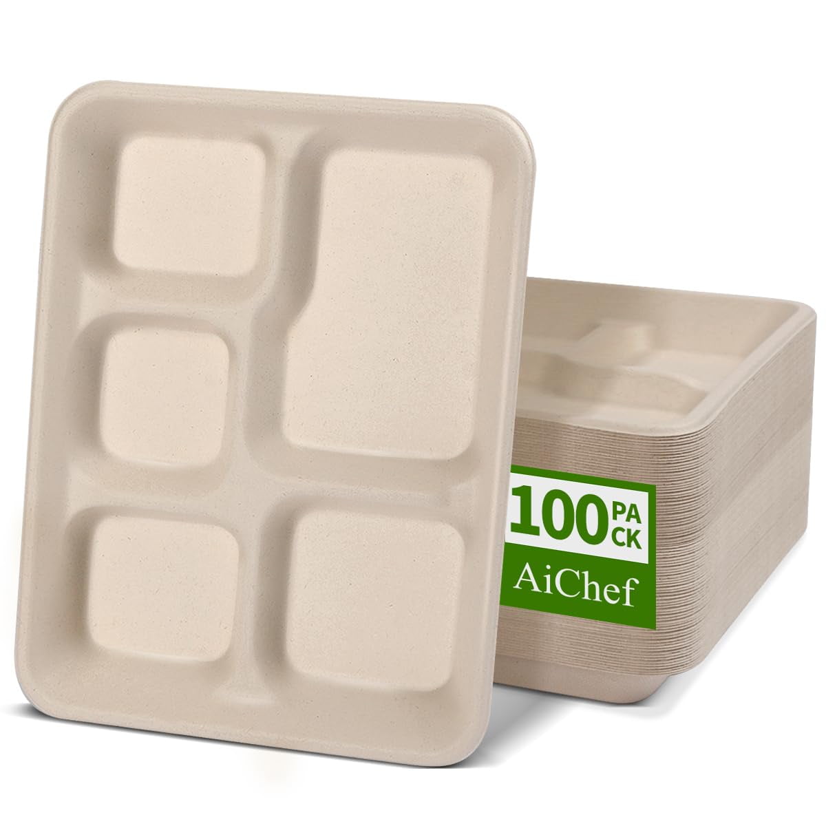 AICHEF 5 Compartment Paper Plates 100 ZLK1 Pack, 10 x 8 inch Disposable ...