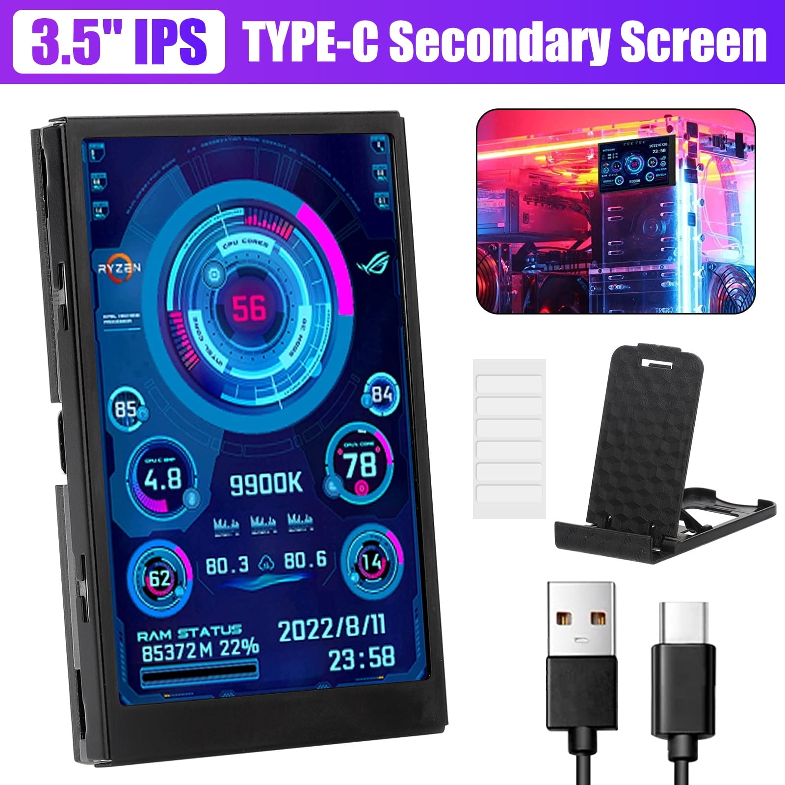 for AIDA64 3.5inch IPS Type-C Secondary Screen, 3.5inch IPS Mini Screen, Monitor USB Display CPU ...