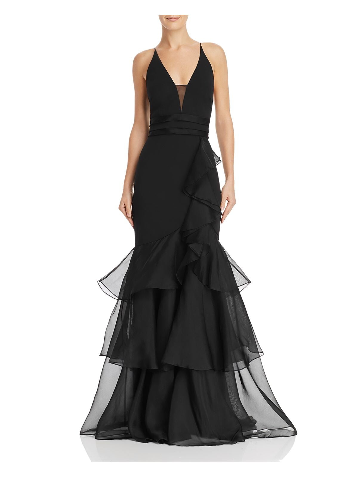 AIDAN MATTOX Womens Black Ruffled Low Back Tiered-ruffle Silk Overlays ...