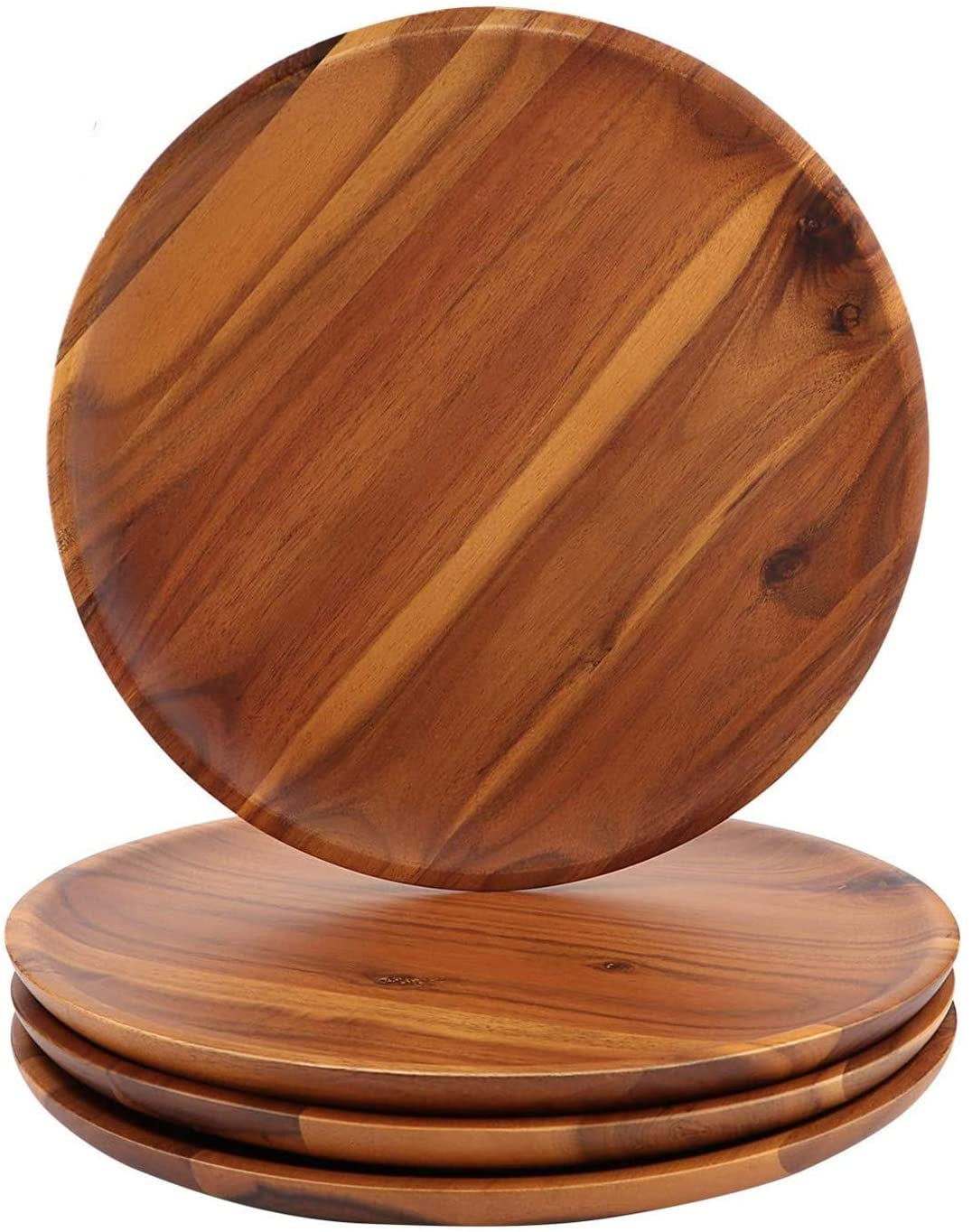 AIDEA Acacia Wood Dinner Plates, 8 Inch Round Wood Plates Set of 4 ...