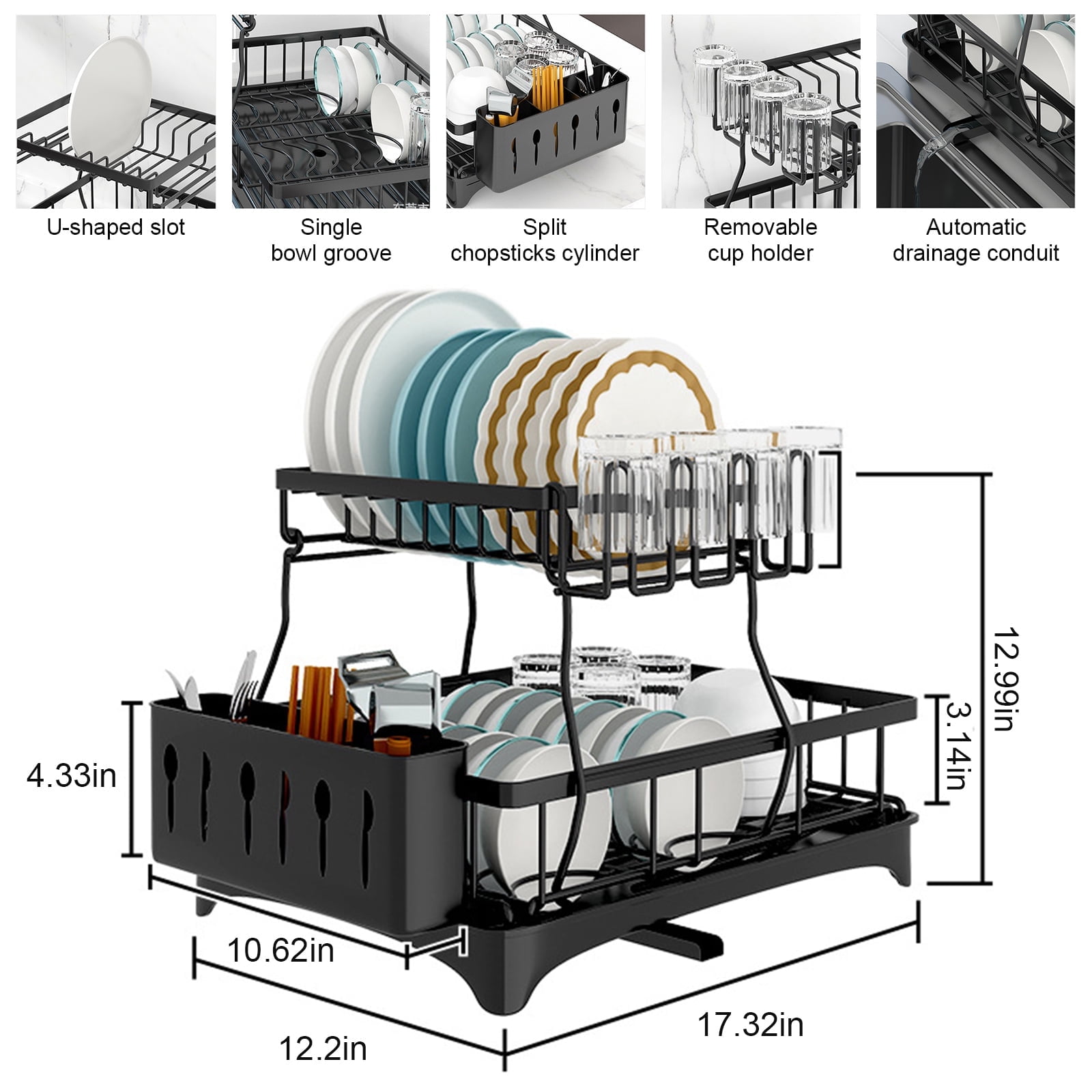 AIDUCHO Rustproof Carbon steel Dish Drying Rack,2 Tier Large Dish Rack ...