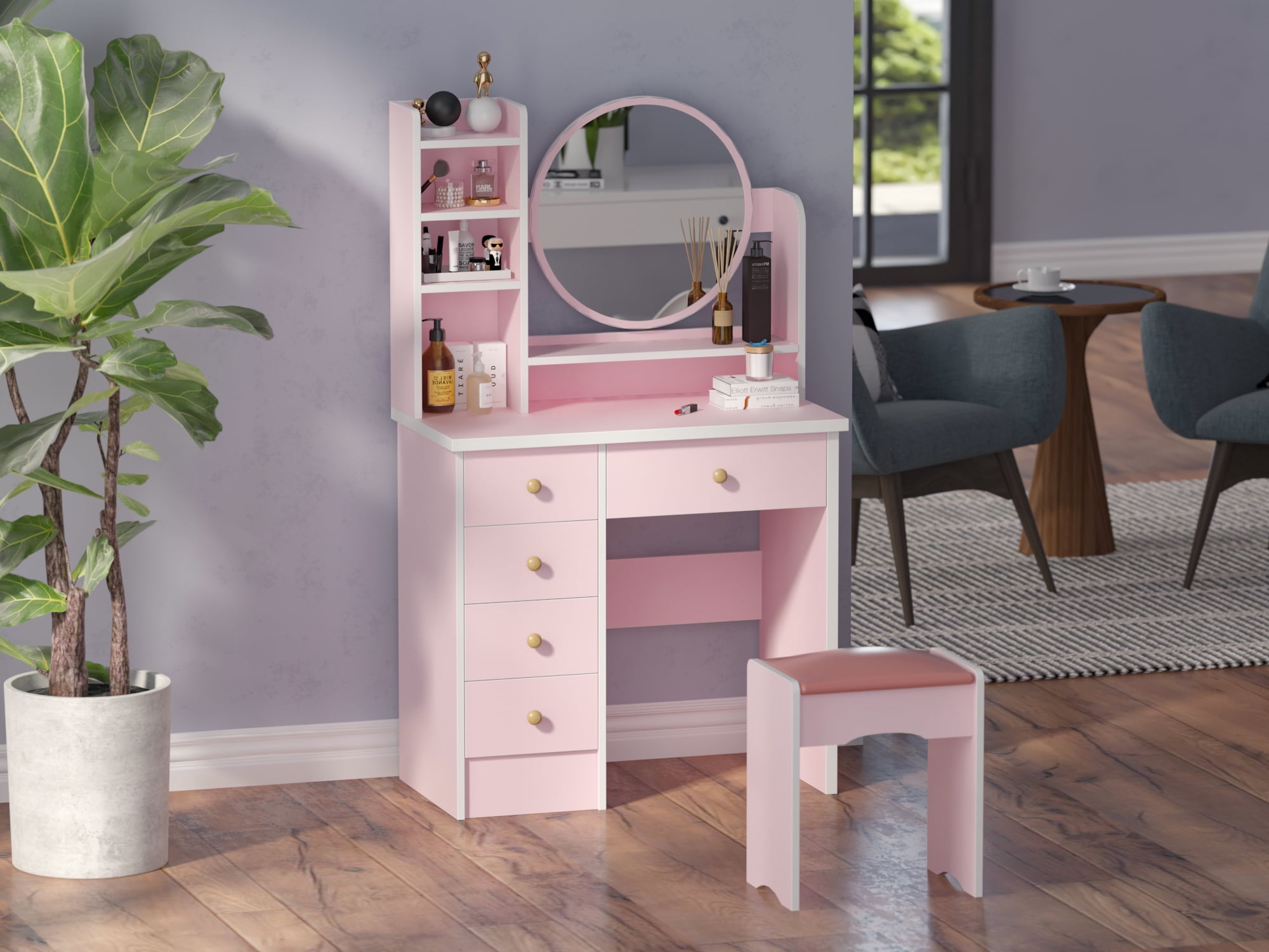 AIEGLE Girls Vanity Table Set, Makeup Dresser Desk with Mirror and 5 ...