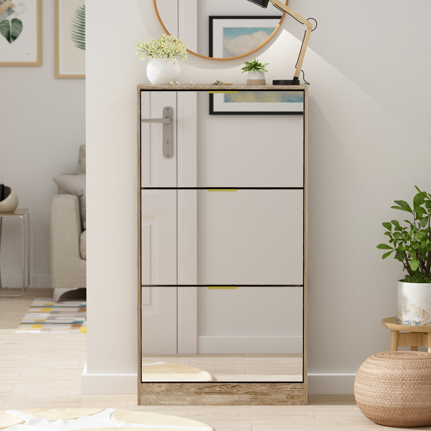 AIEGLE Slim Mirrored Shoe Storage Cabinet, 3-Drawer Wood Shoe Rack for ...