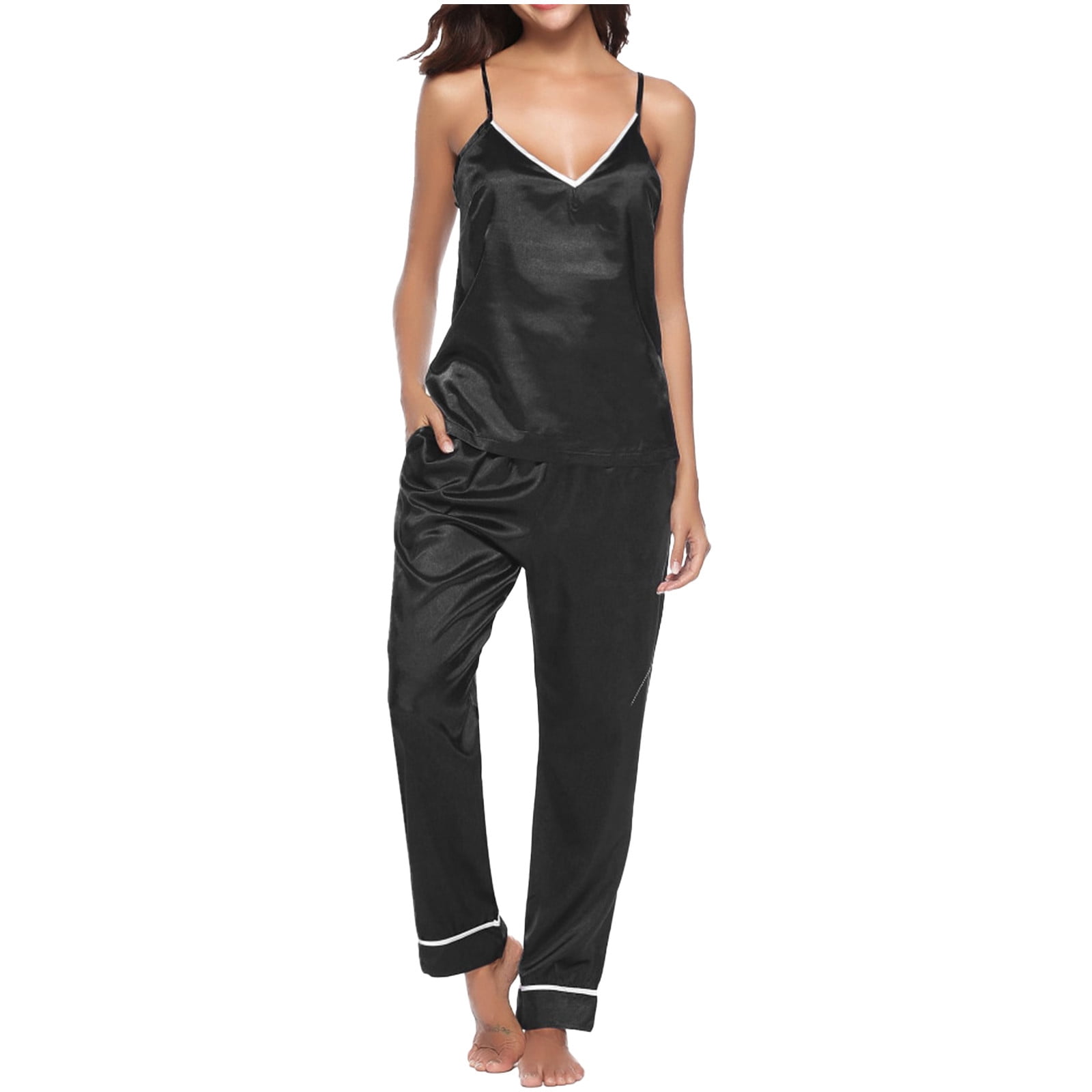 Aieott 2pc Pajamas Nightwear V Neck Sexy Lace Satin Silk Pajamas Sets