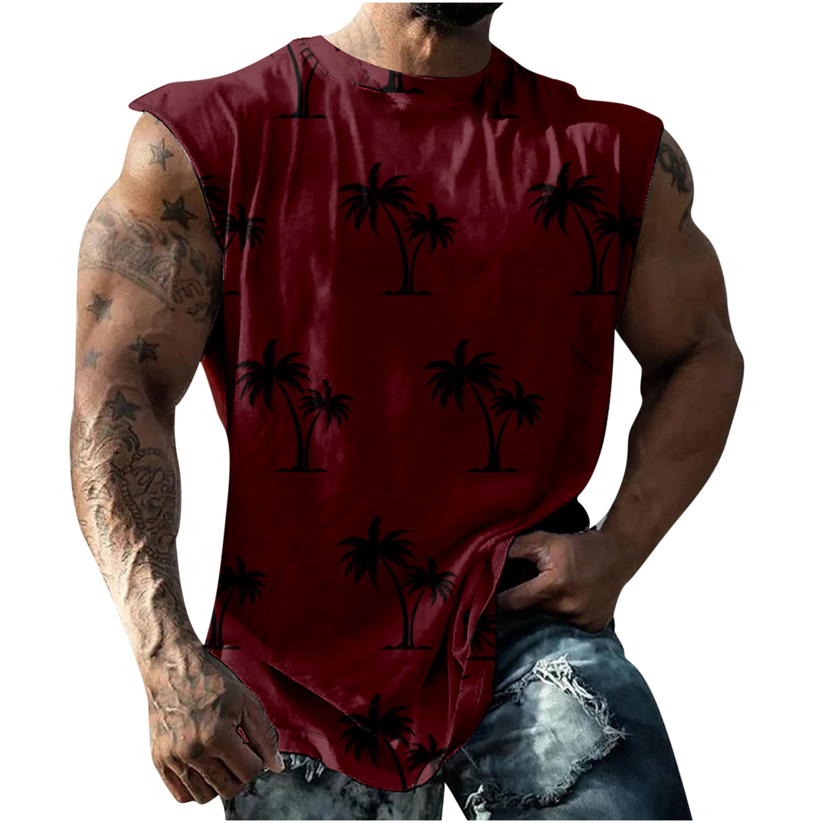 AIEOTT Mens Palm Tree Tank Tops Muscle Gym Shirt Big and Tall Cut Off ...