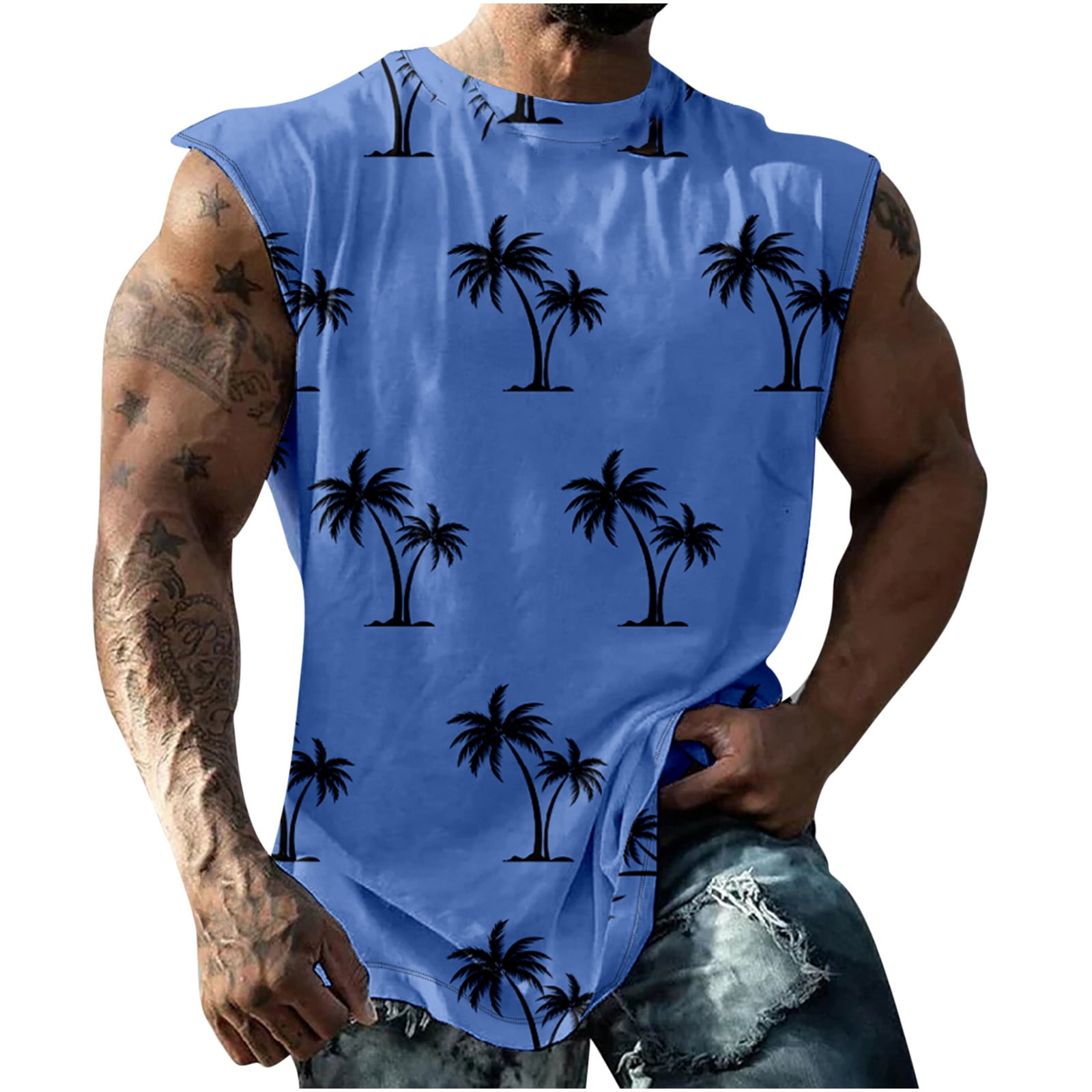 AIEOTT Mens Palm Tree Tank Tops Muscle Gym Shirt Big and Tall Cut Off ...