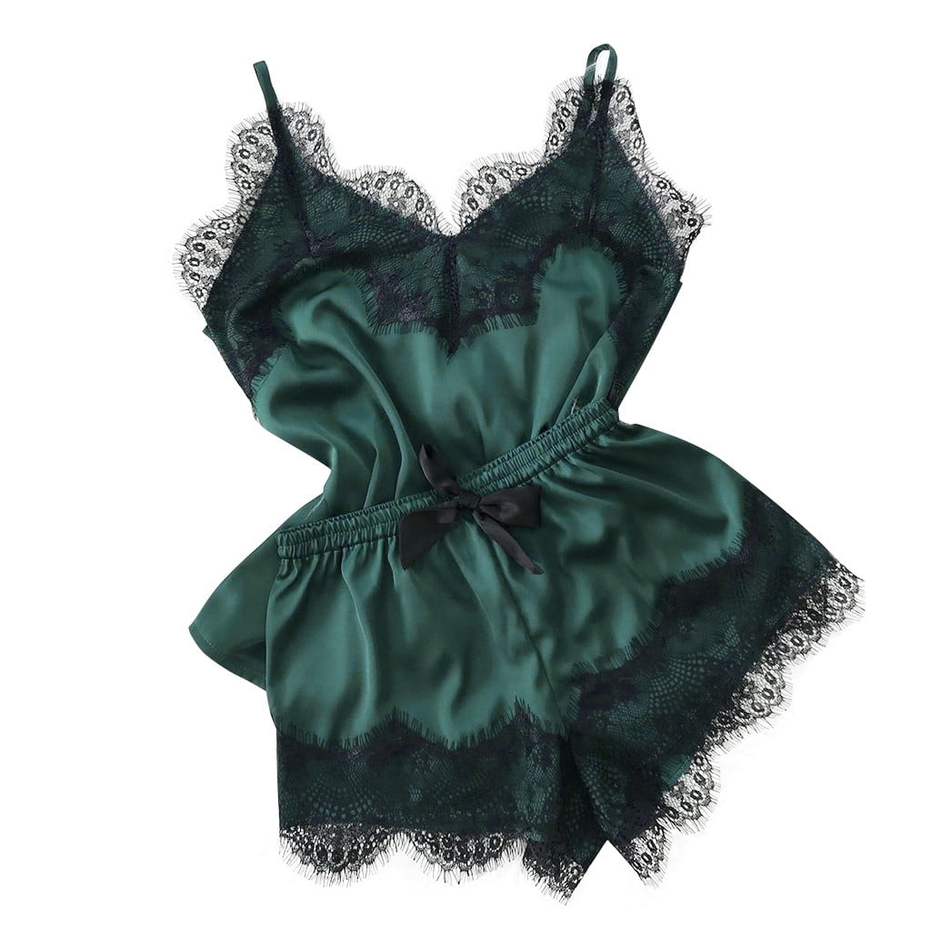 Aieott Womens 2 Pieces V Neck Eyelash Lace Satin Silk Pajamas Sets