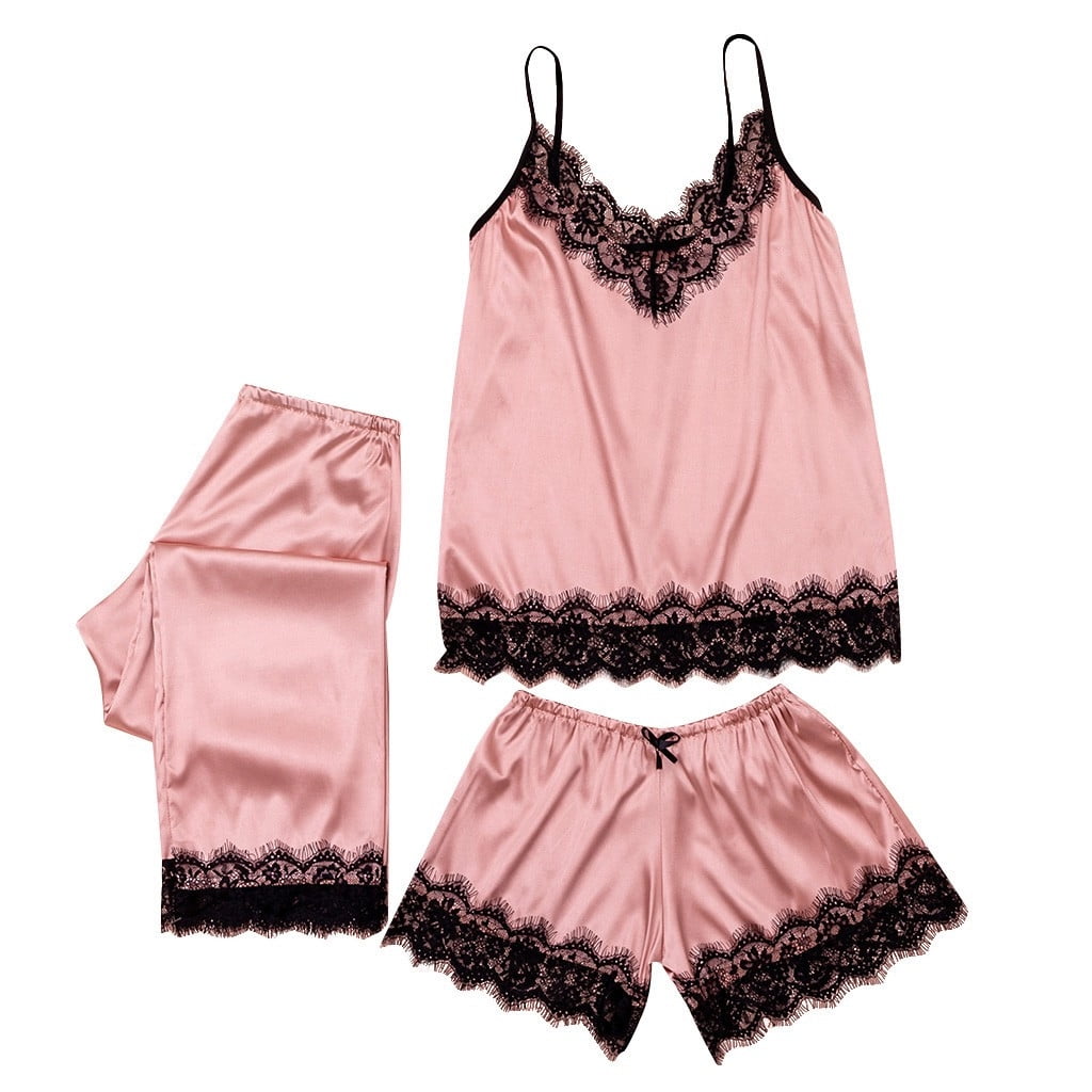 Aieott Womens 3 Pieces V Neck Sexy Solid Lace Satin Silk Pajamas Sets