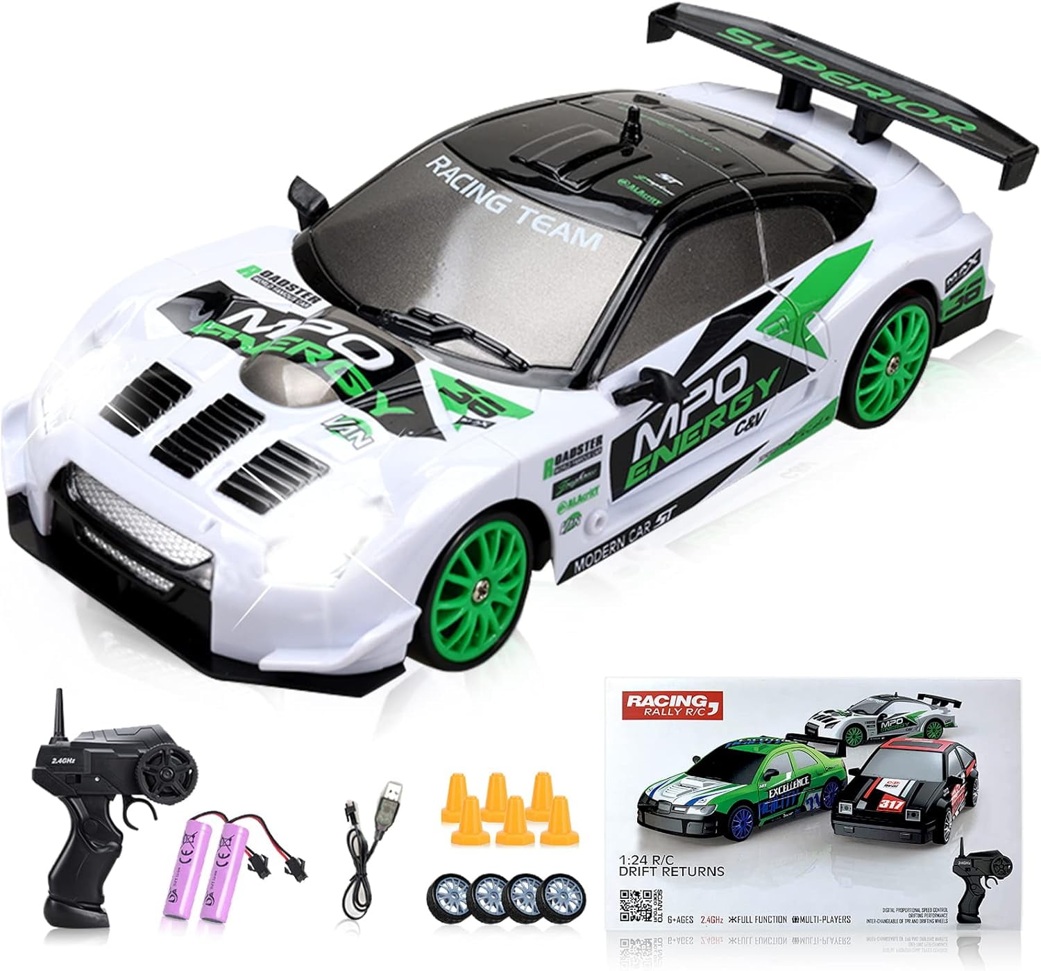 AIGIA 1:24 Scale Remote Control Car RC Drift Car 2.4GHz 4WD 15KM/H High Speed Two Batteries and ...