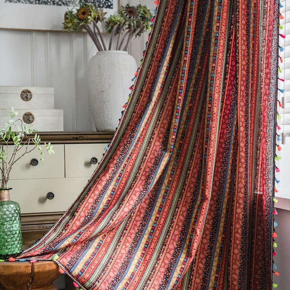 AIGIA Bohemian Striped Print Cotton Linen Window Curtain Panel Rod ...