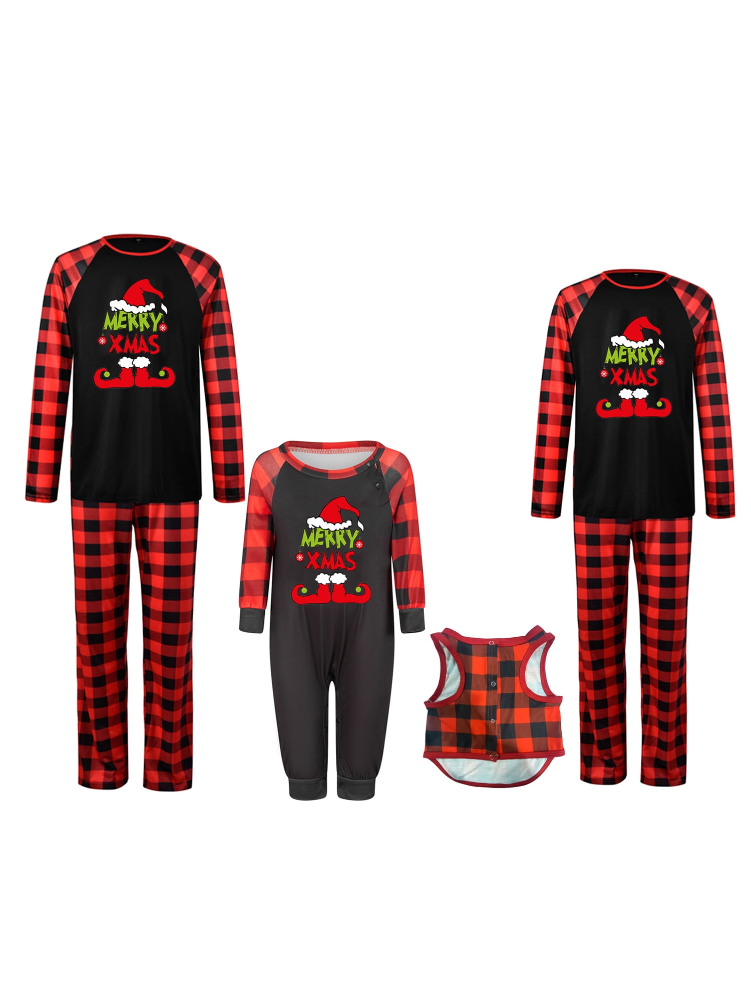 AIGUR Christmas Pajamas for Family Long Sleeve Cartoon Print Tops + Plaid Trousers Set Holiday ...