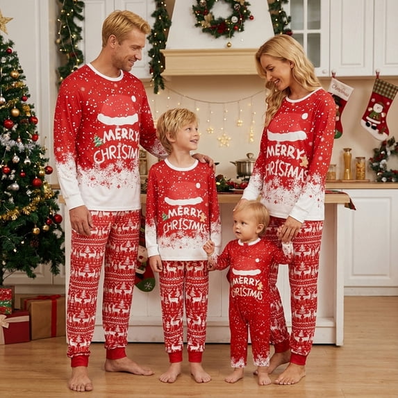 AIGUR Family Matching Christmas Pajama Set Letter Santa Hat Print Long ...
