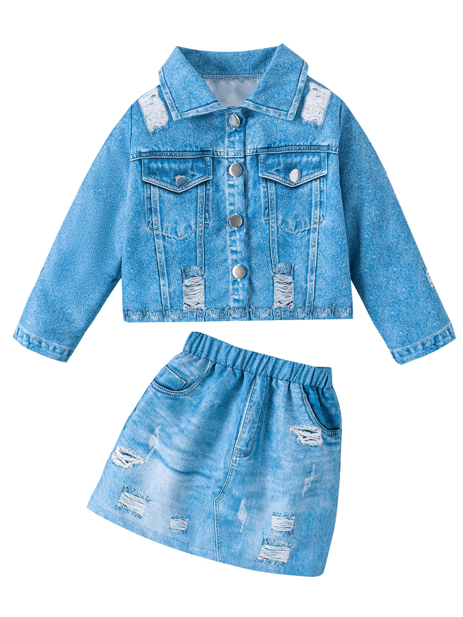 Argulvti Girls Autumn 2 Piece Outfits Long Sleeve Button Up Denim Coat ...