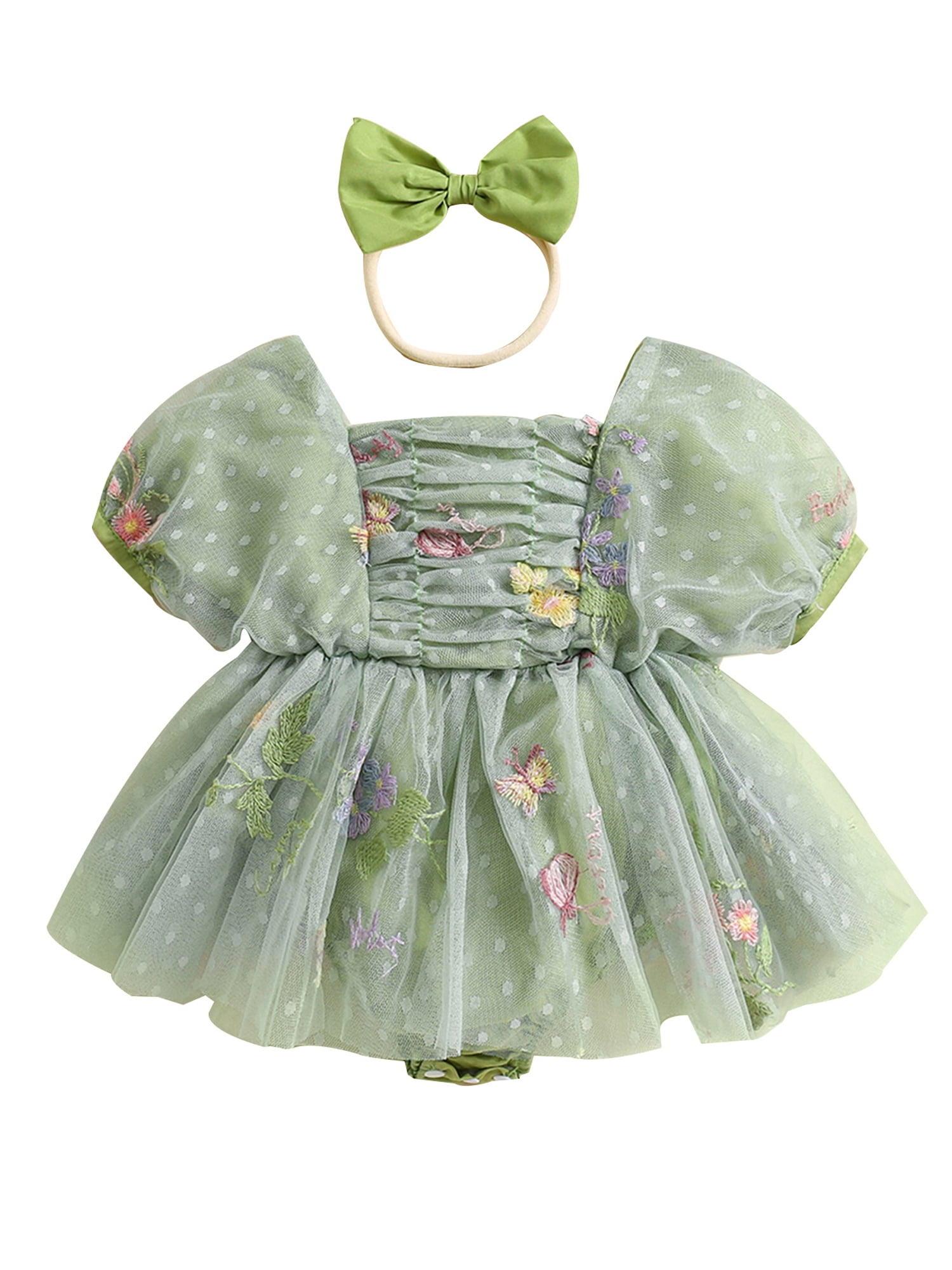 Argulvti Infant Baby Girls Summer Polyester Outfits, Short Puff Sleeve Embroidered Romper Tulle ...