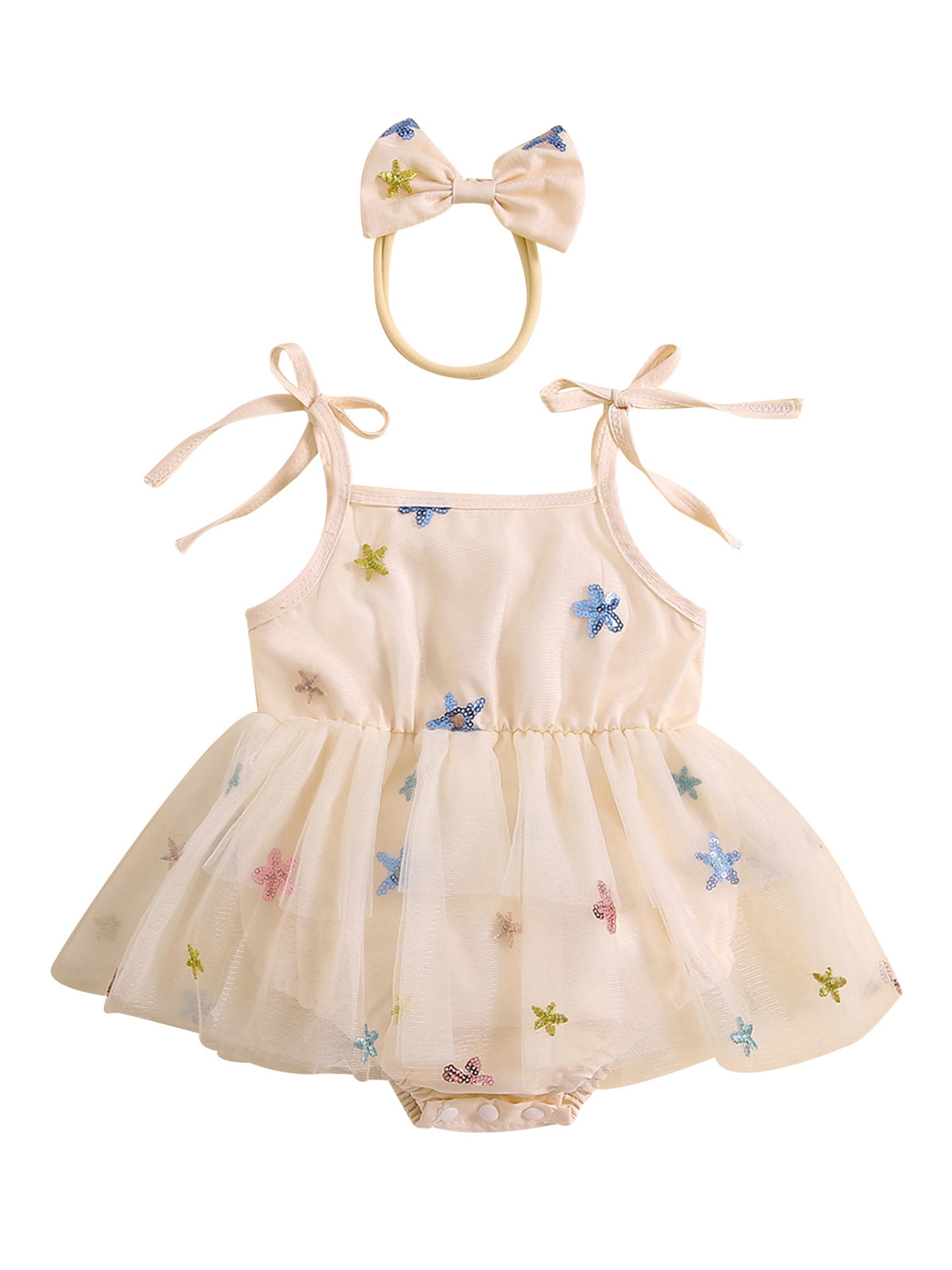 AIGUR Infant Girls Polyester Outfit, Tie-up Sleeveless Sequined Stars Romper Dress with Bow ...