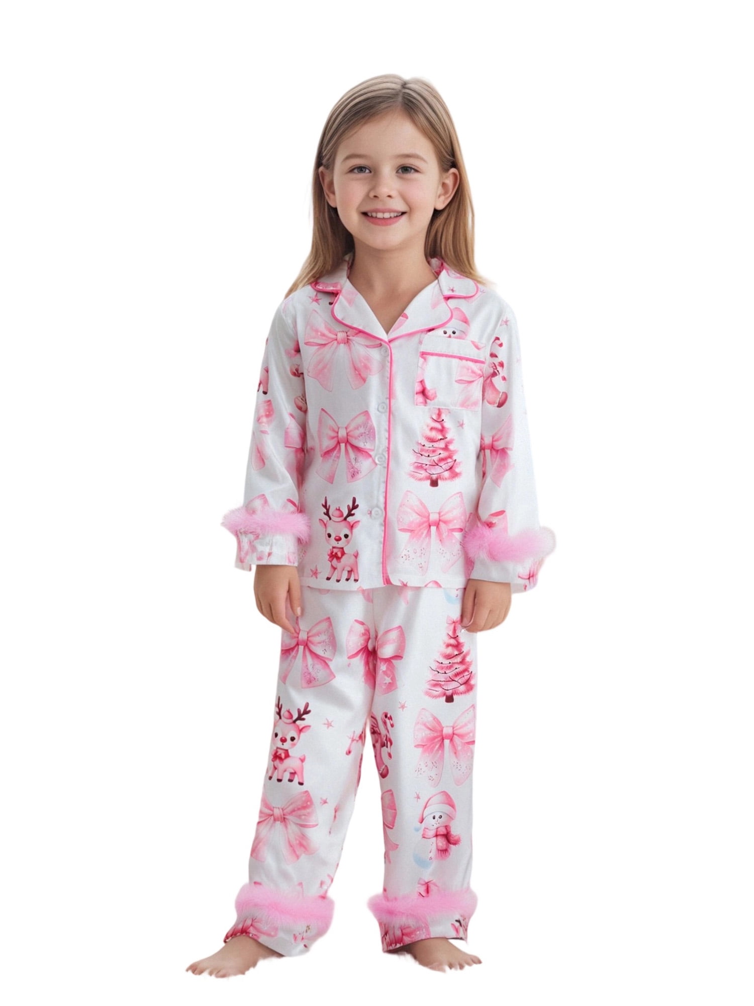 AIGUR Mommy and Me Matching Pajamas Bow Deer Print Button Down Long ...