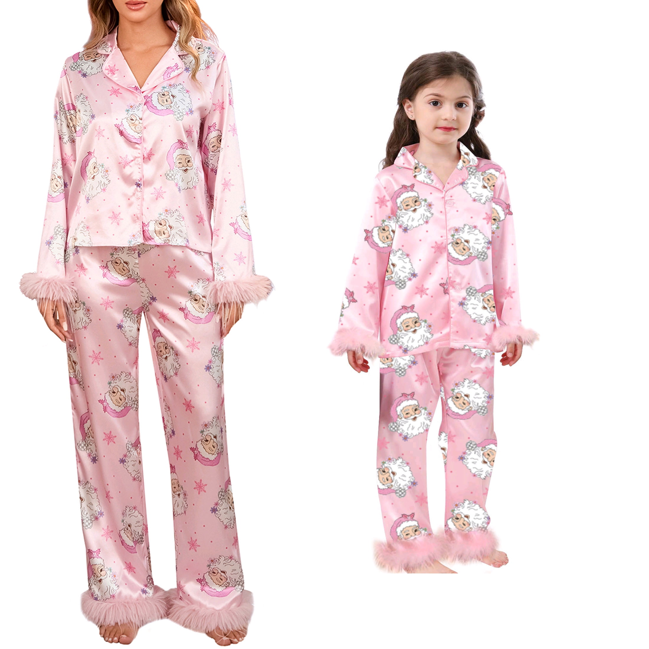 AIGUR Mommy and Me Matching Pajamas Santa Print Button Down Long Sleeve ...
