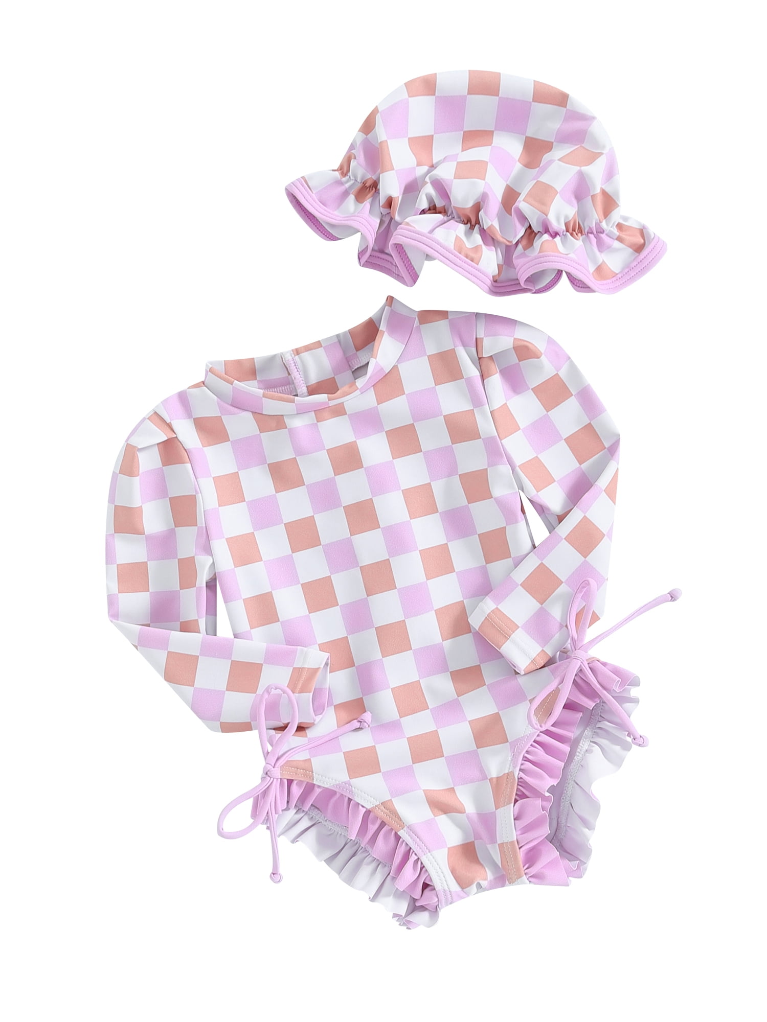AIGUR Rash Long Sleeve Checkered Print Guard Swimsuit & Sun Hat (Girl's) - Walmart.com