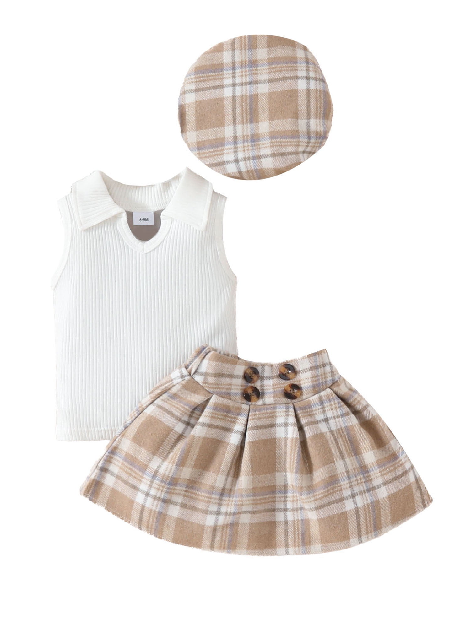 AIGUR Toddler Girls Summer Polyester Outfits White Sleeveless Ribbed Tank Tops Plaid Skirt Beret ...