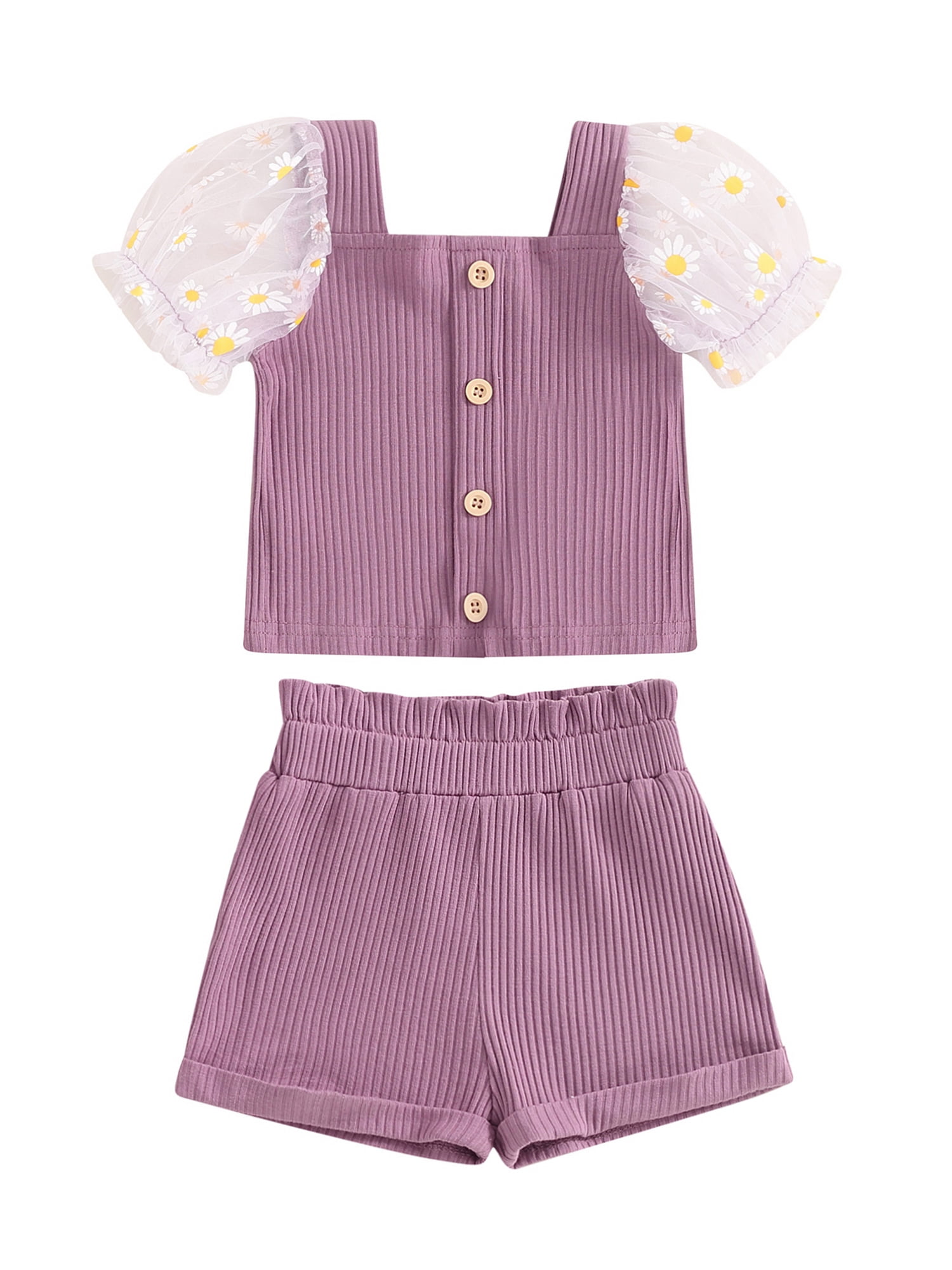 Argulvti Toddler Girls Summer Ribbed Outfit Daisy Print Mesh Short Sleeve T-Shirt and Elastic ...