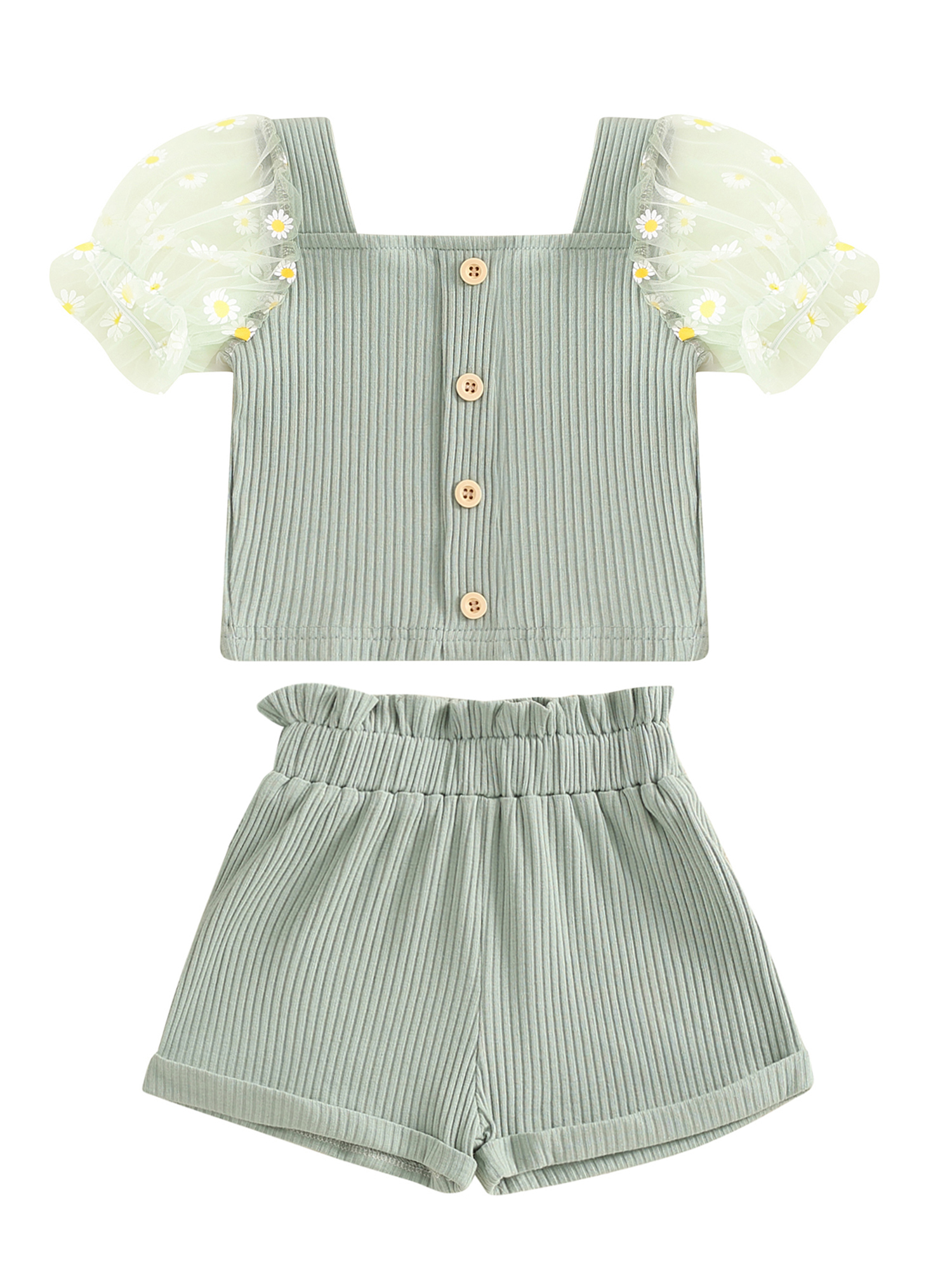 Argulvti Toddler Girls Summer Ribbed Outfit Daisy Print Mesh Short Sleeve T-Shirt and Elastic ...