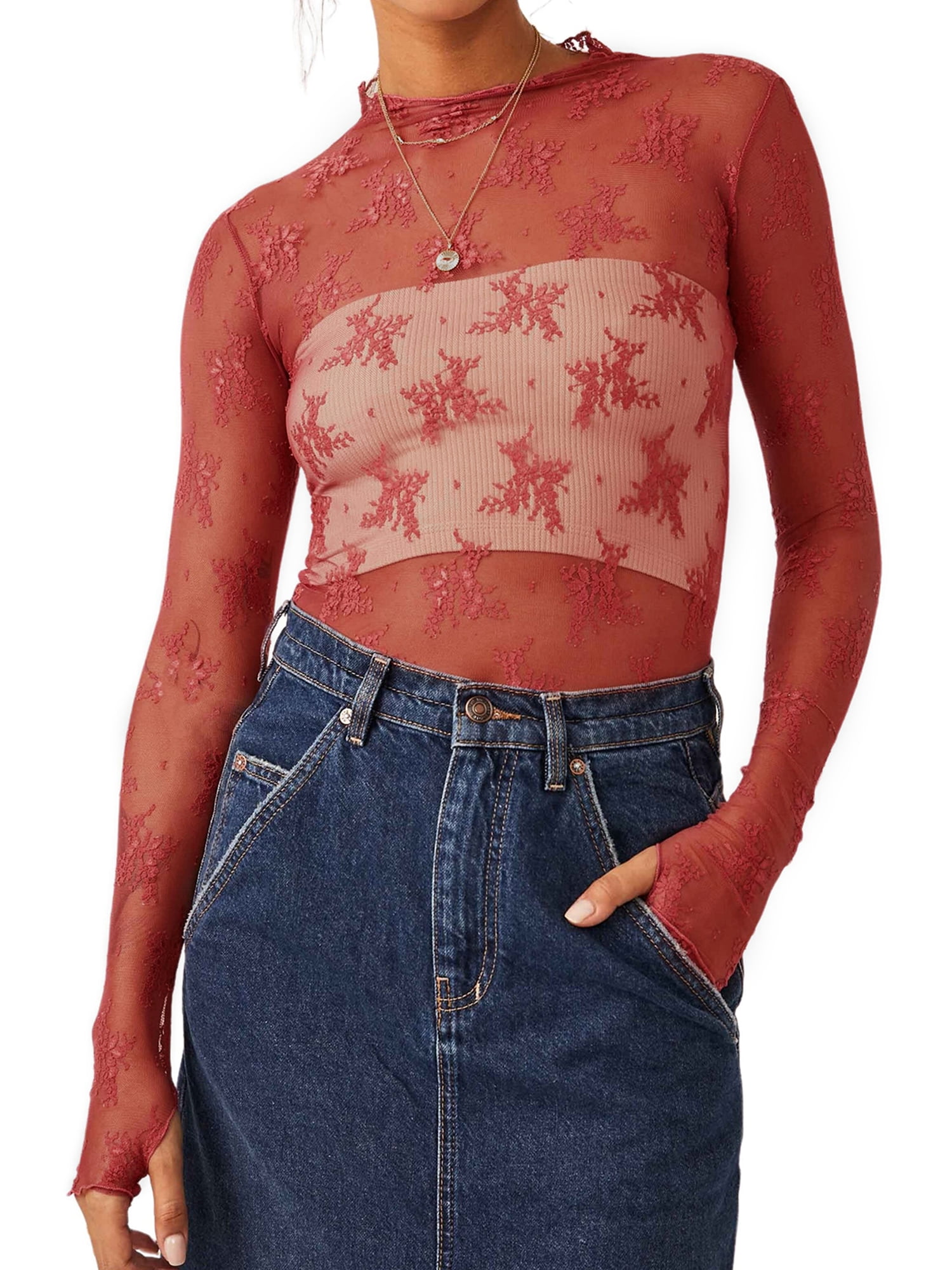 AIGUR Women Long Sleeve T-Shirts Polyester Mesh See-Through Mock Neck ...