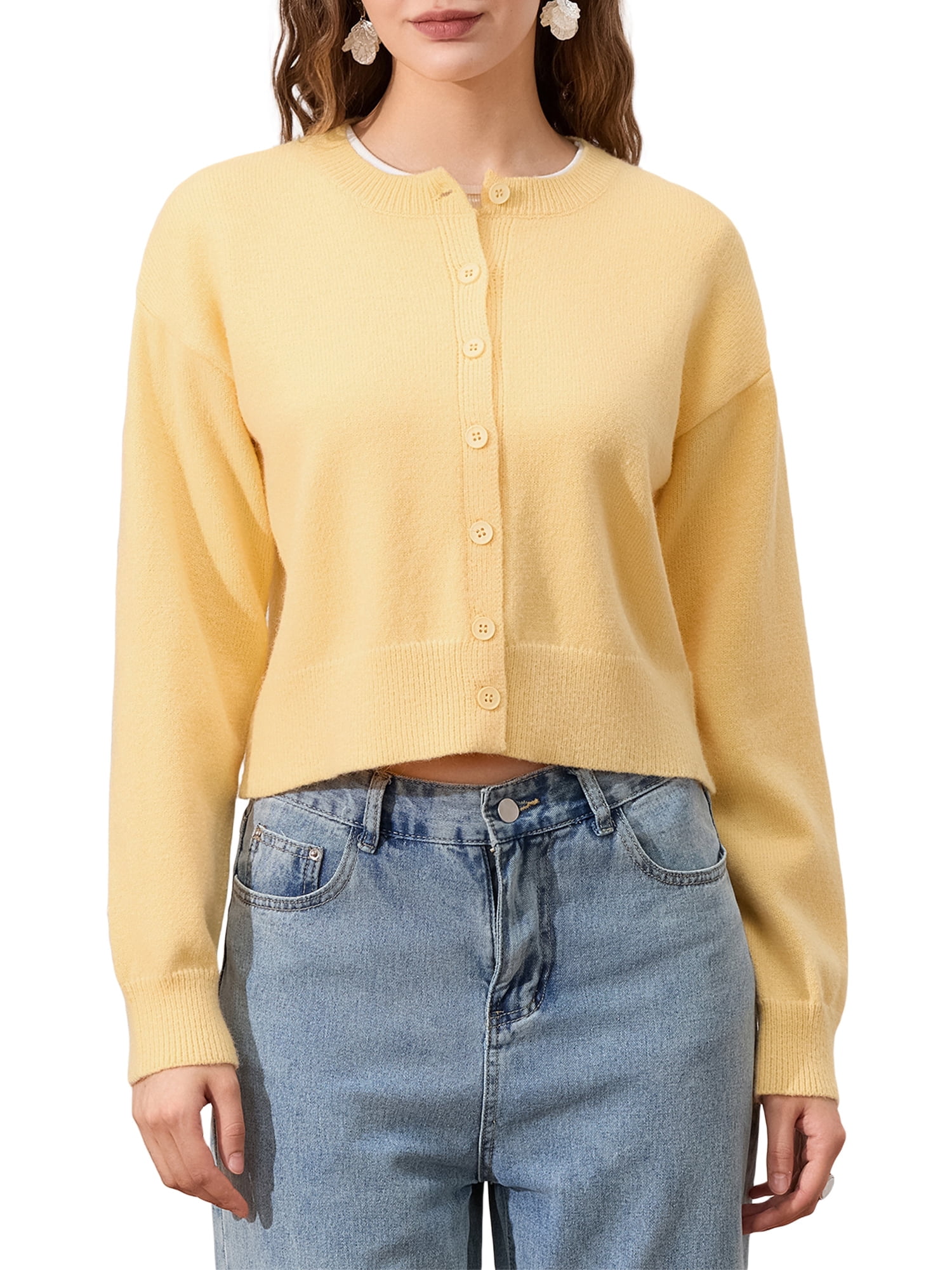 AIGUR Women's Crop Knit Cardigan Solid Color Crew Neck Button Down Long ...
