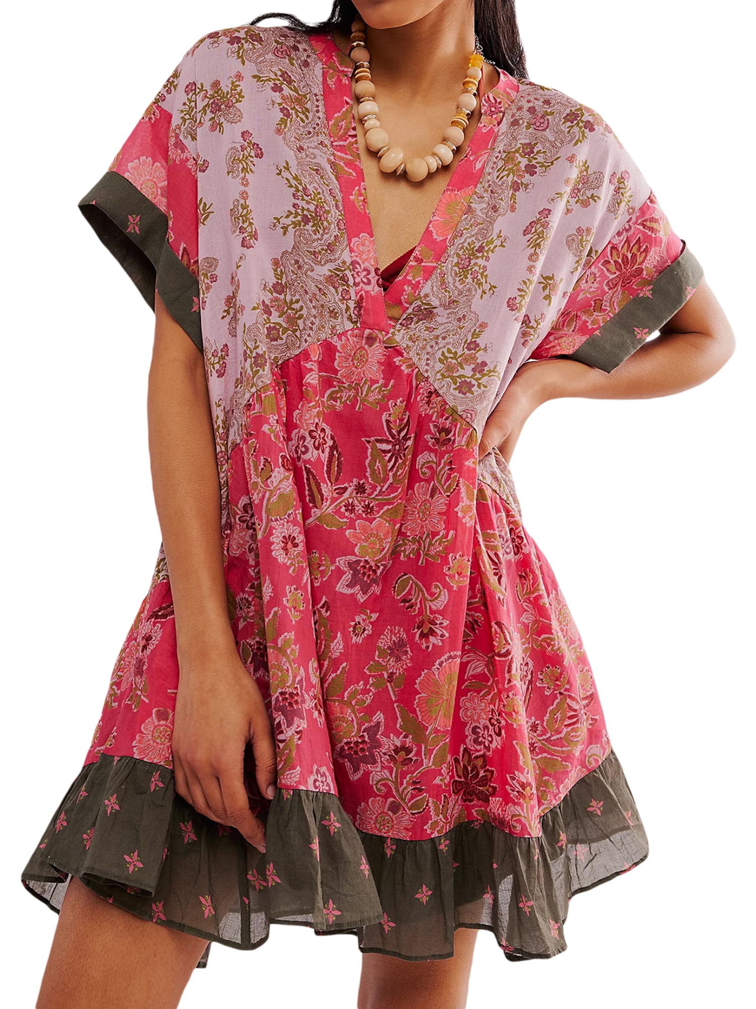 AIGUR Women's Summer Babydoll Dress Polyester Bohemian Floral Print Short Sleeve V-Neck Leisure ...