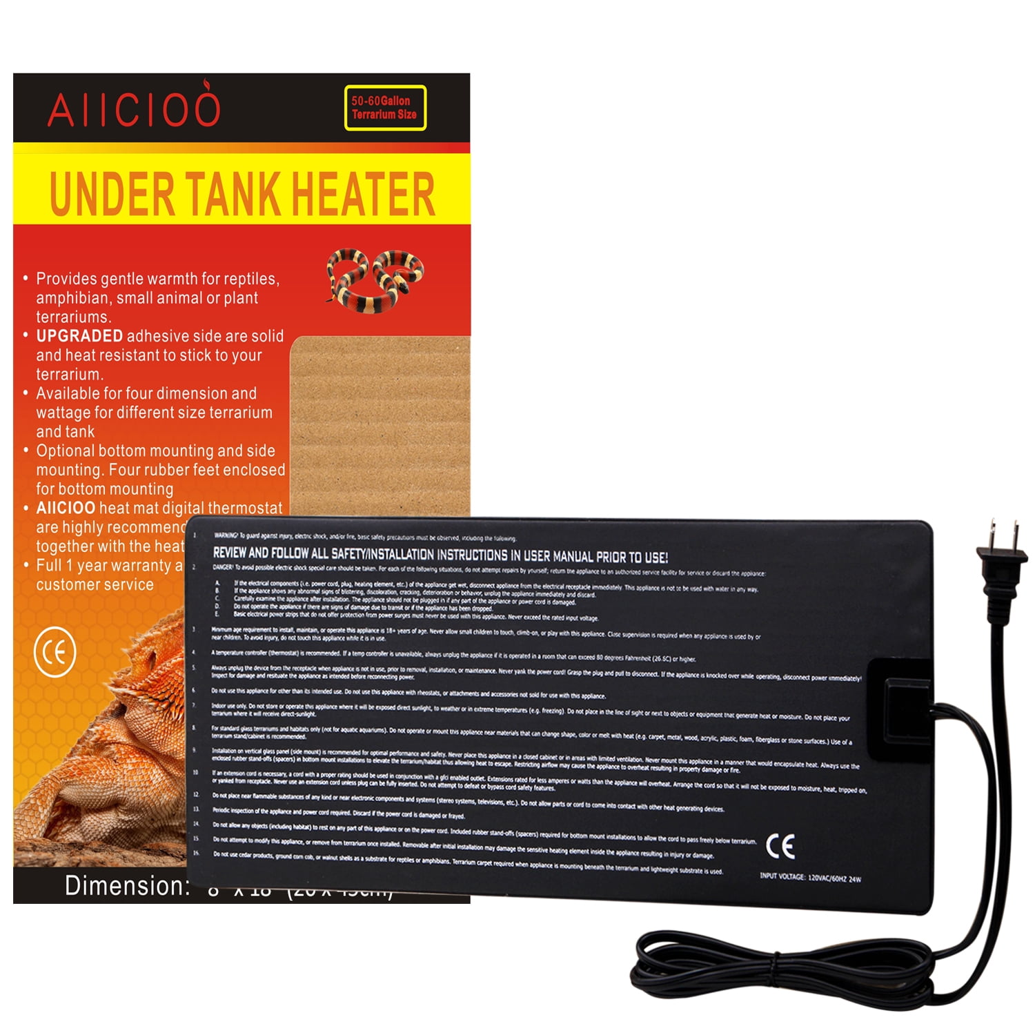 AIICIOO Reptile Heating Mat Hermit Crab Tank Heater Glass Container ...