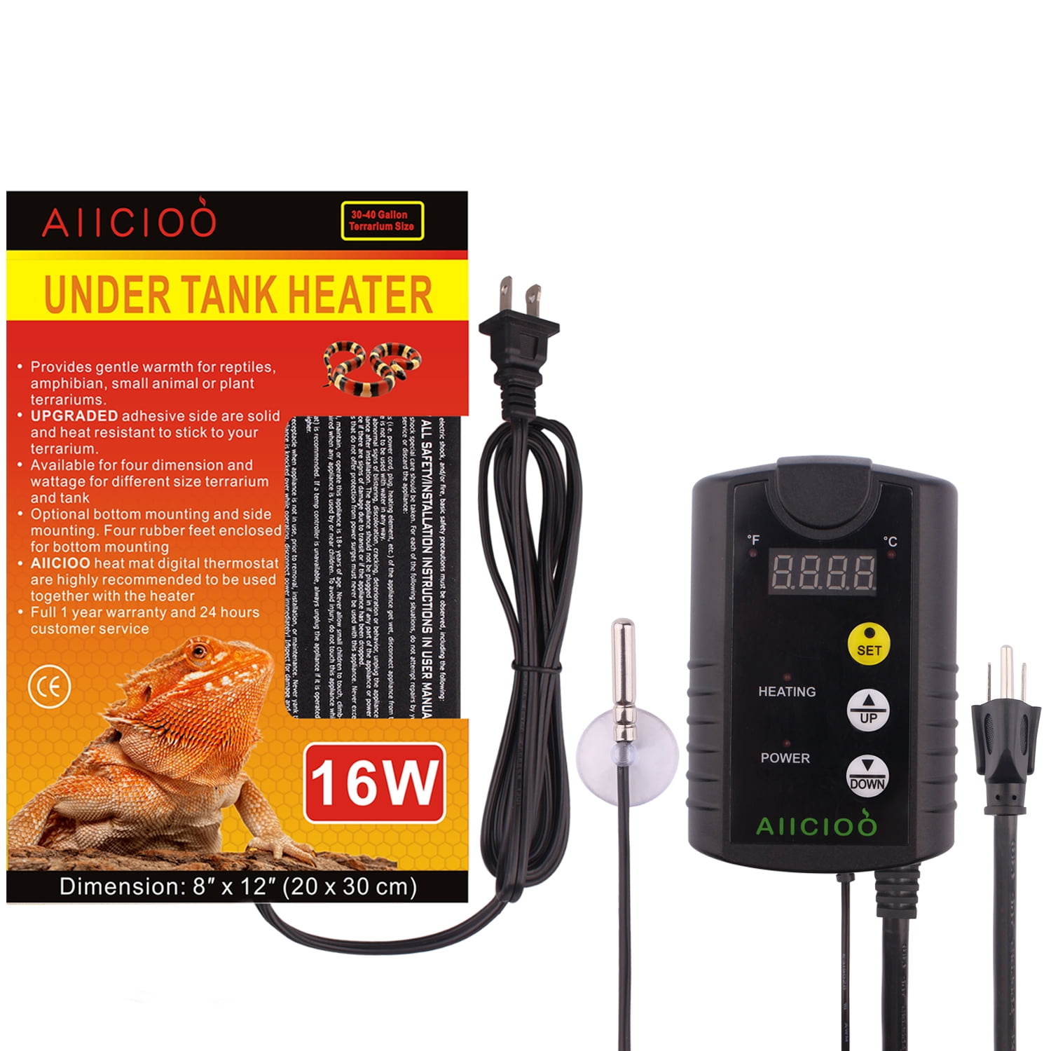 AIICIOO Reptile Heating Mat Under Tank and Digital Thermostat Combo Set ...