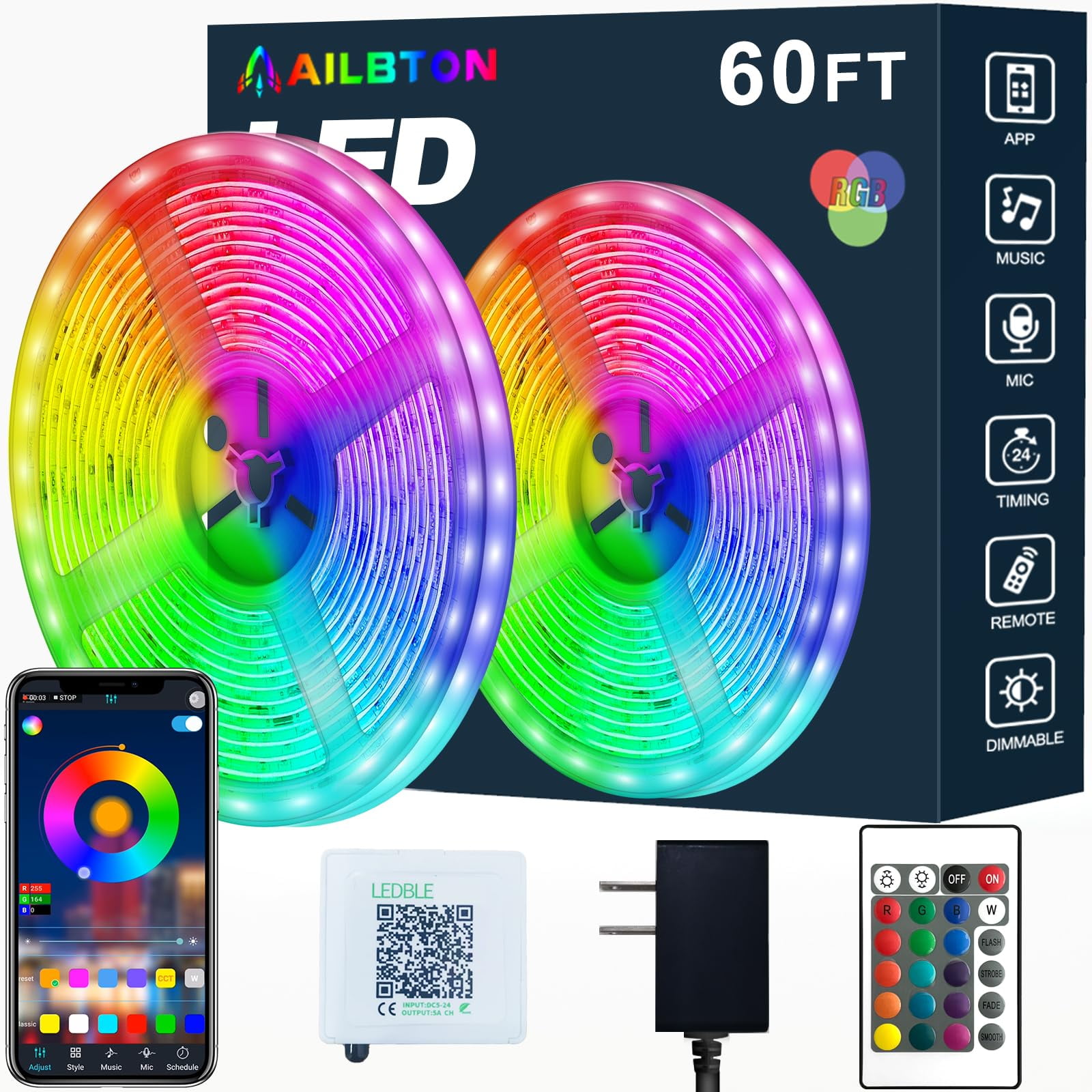 AILBTON Led Strip Lights,60ft Music Sync Color Changing, Built-in Mic ...