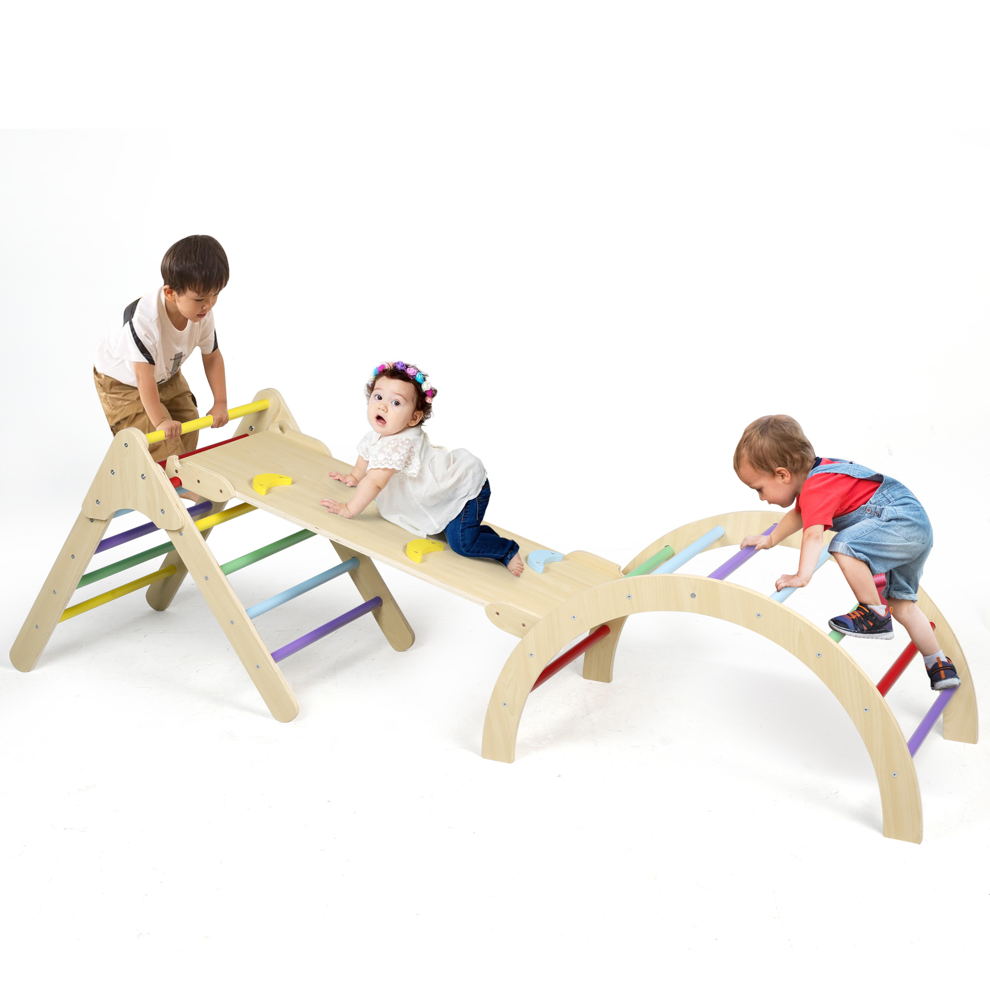 BanaSuper Preschool Wooden Climber Set: Colorful Triangle, Ramp ...
