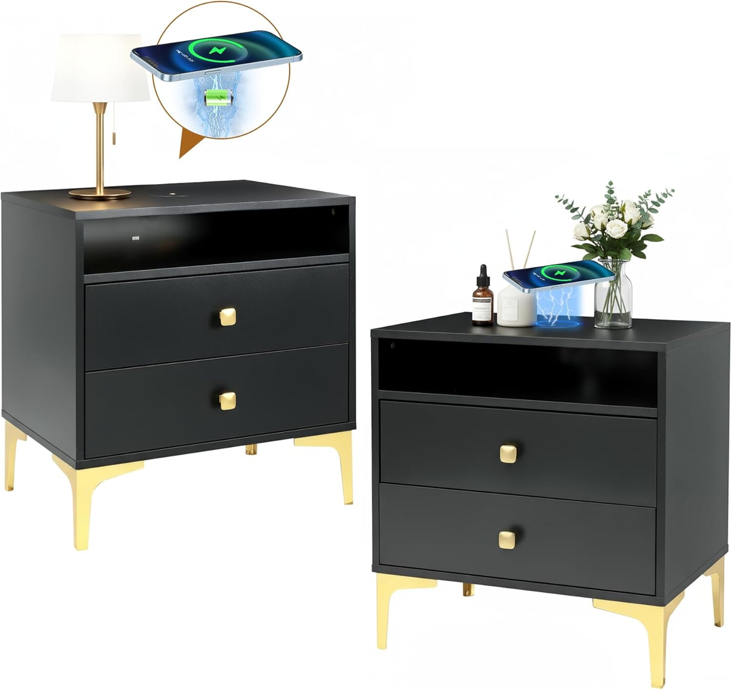 AILEEKISS Nightstands Set of 2 with Wireless Charger Station Modern ...
