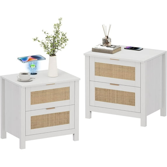 AILEEKISS White Night Stand Set of 2, Rattan Nightstands Set of 2 with ...