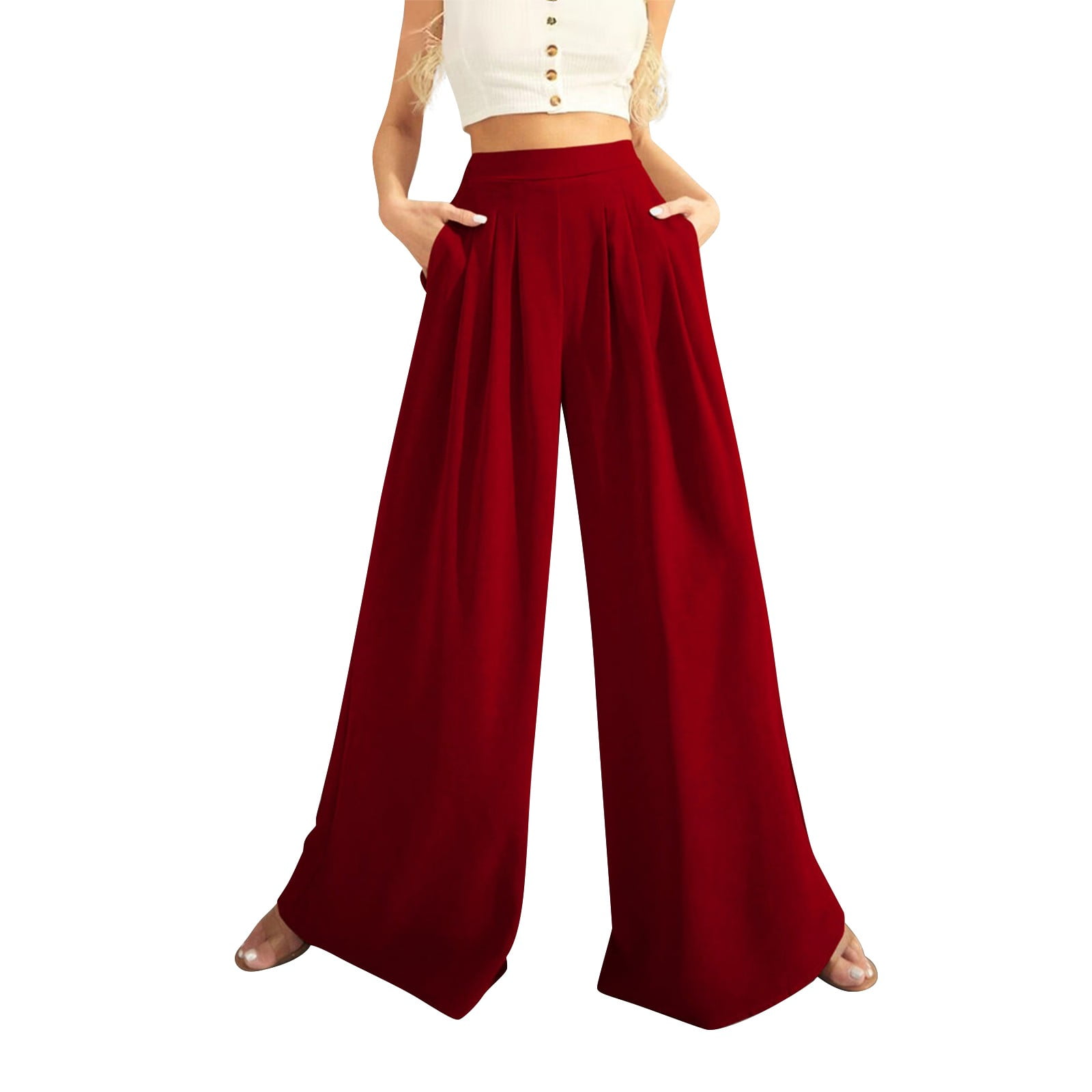 AILIYIL Solid Color Women'S Pocket High Waist Wide Leg Pants (Red,M ...