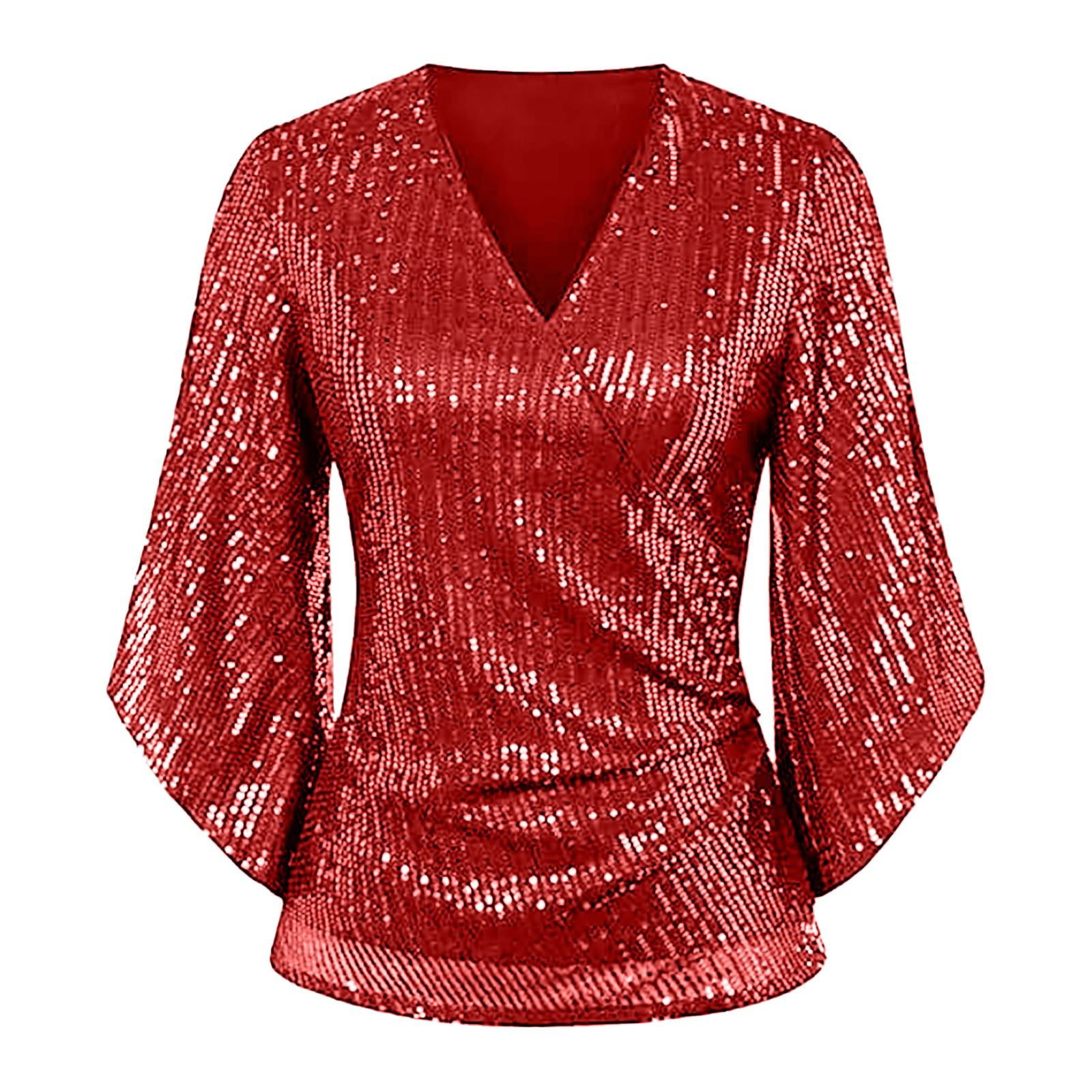 AILIYIL Womens Sequin Tops 3/4 Sleeve Glitter Sparkly Party Blouse V ...