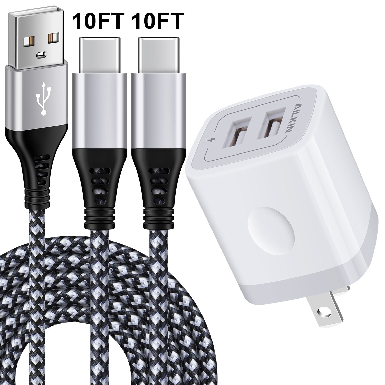 AILKIN Fast Charging USB-C Block, 2.1A Dual Port with 2PACK 10ft Cables ...