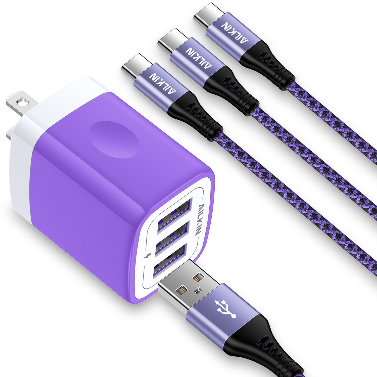 Ailkin Type C Charger, 3-Pack USB A to USB C Cables 6ft, 3-Port USB ...