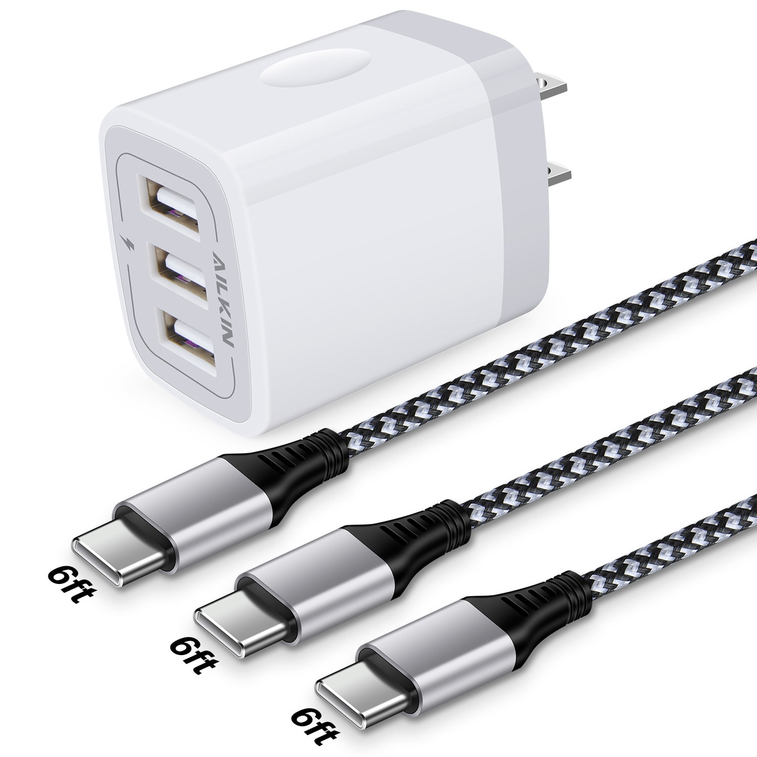 AILKIN Type C Charger,Usb Charger Block with 3PACK Usb A to Usb C Fast ...