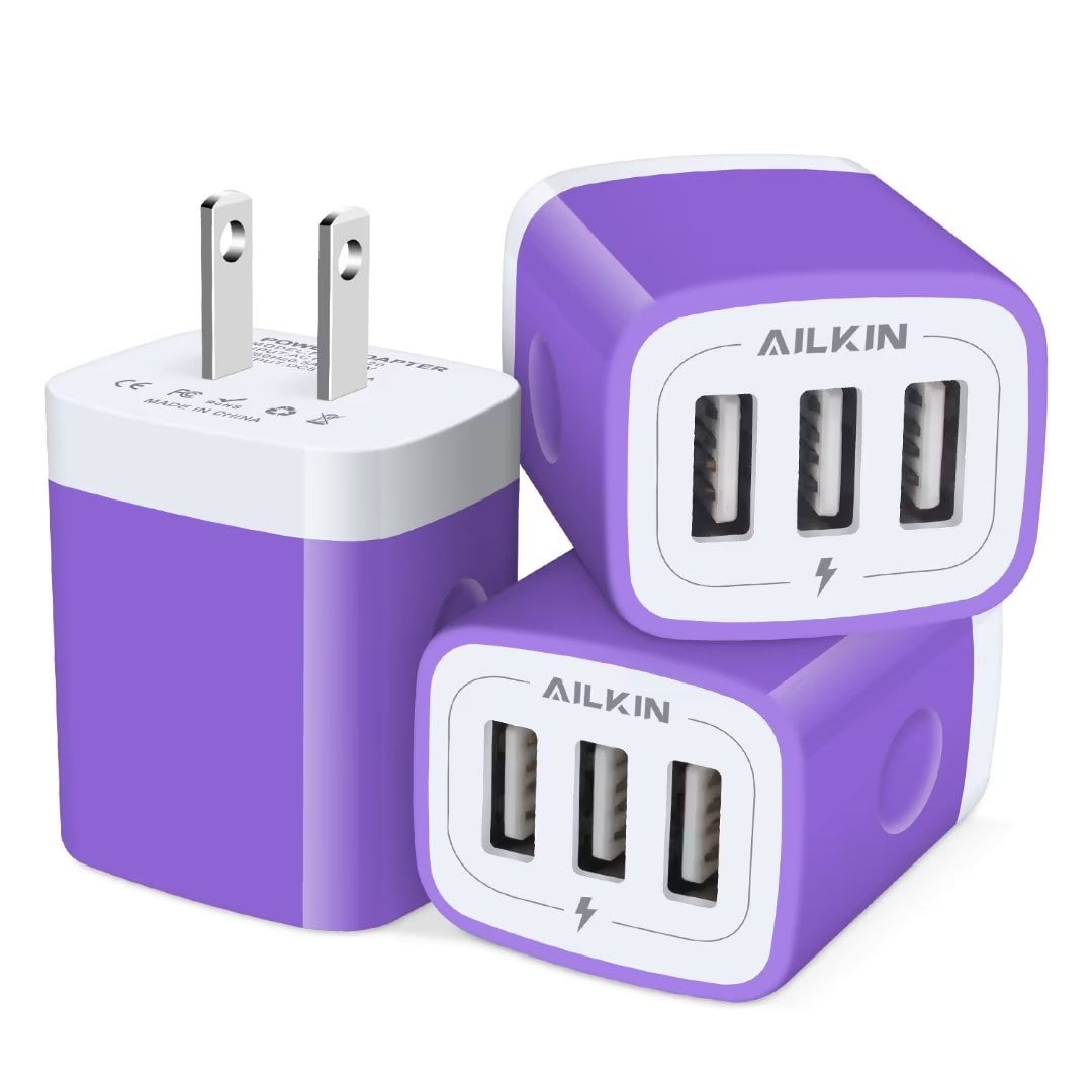 AILKIN 3.1A Triple USB Wall Charger Adapter, 3-Pack Fast Charging ...