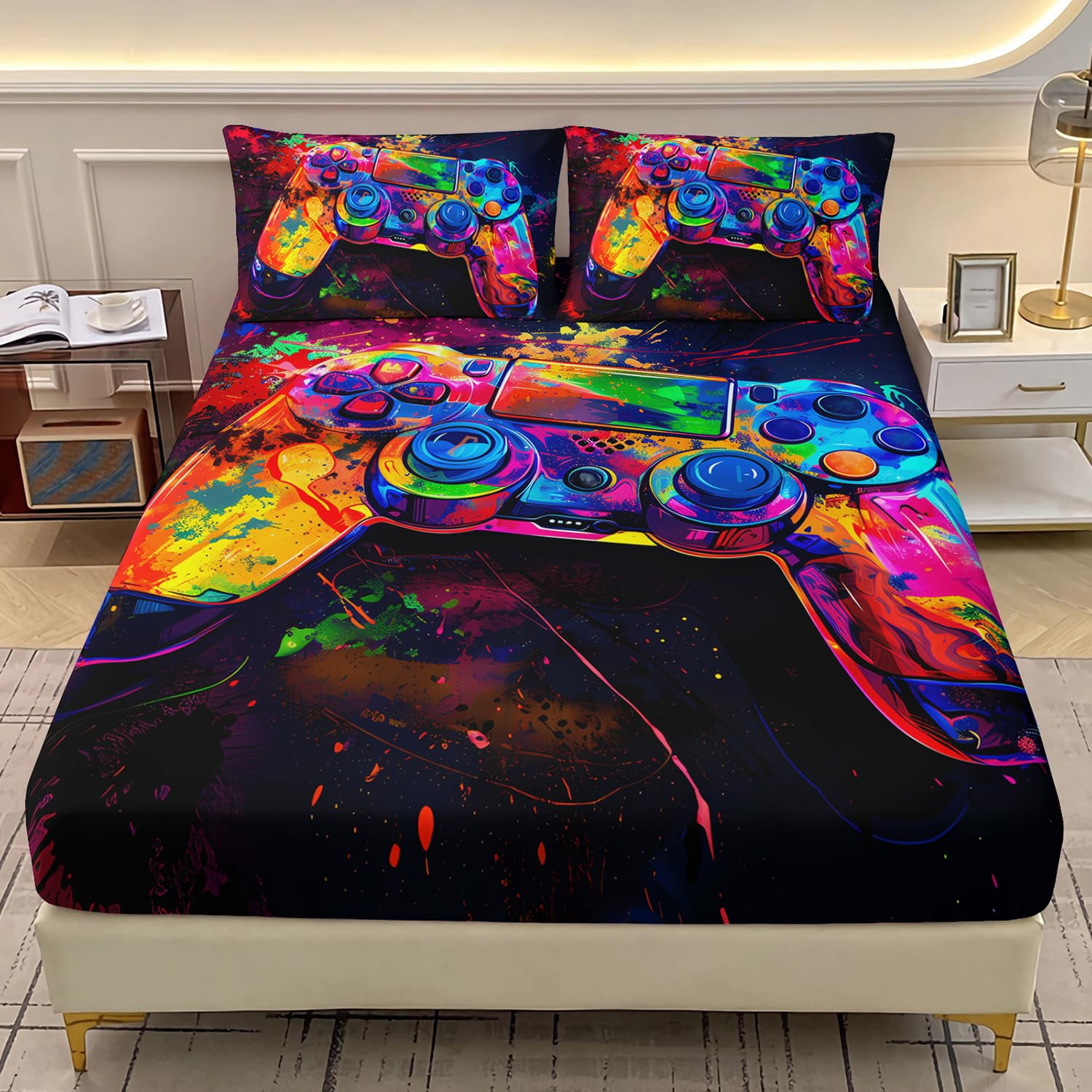 AILONEN Gamer Gaming Bedding Set for Boys, Queen Size, Colorful Gamepad ...