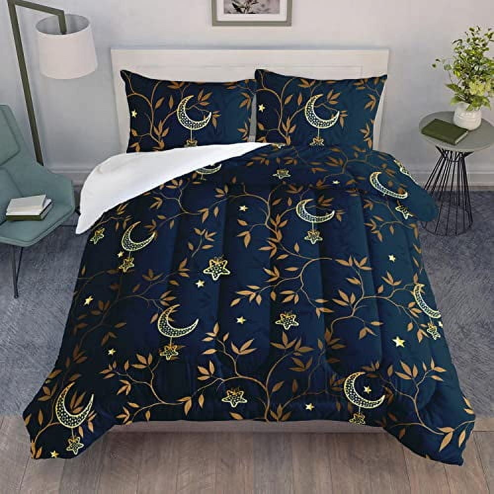 AILONEN Moon Comforter Set Twin Size, Gold Moon Star Leaves Print ...