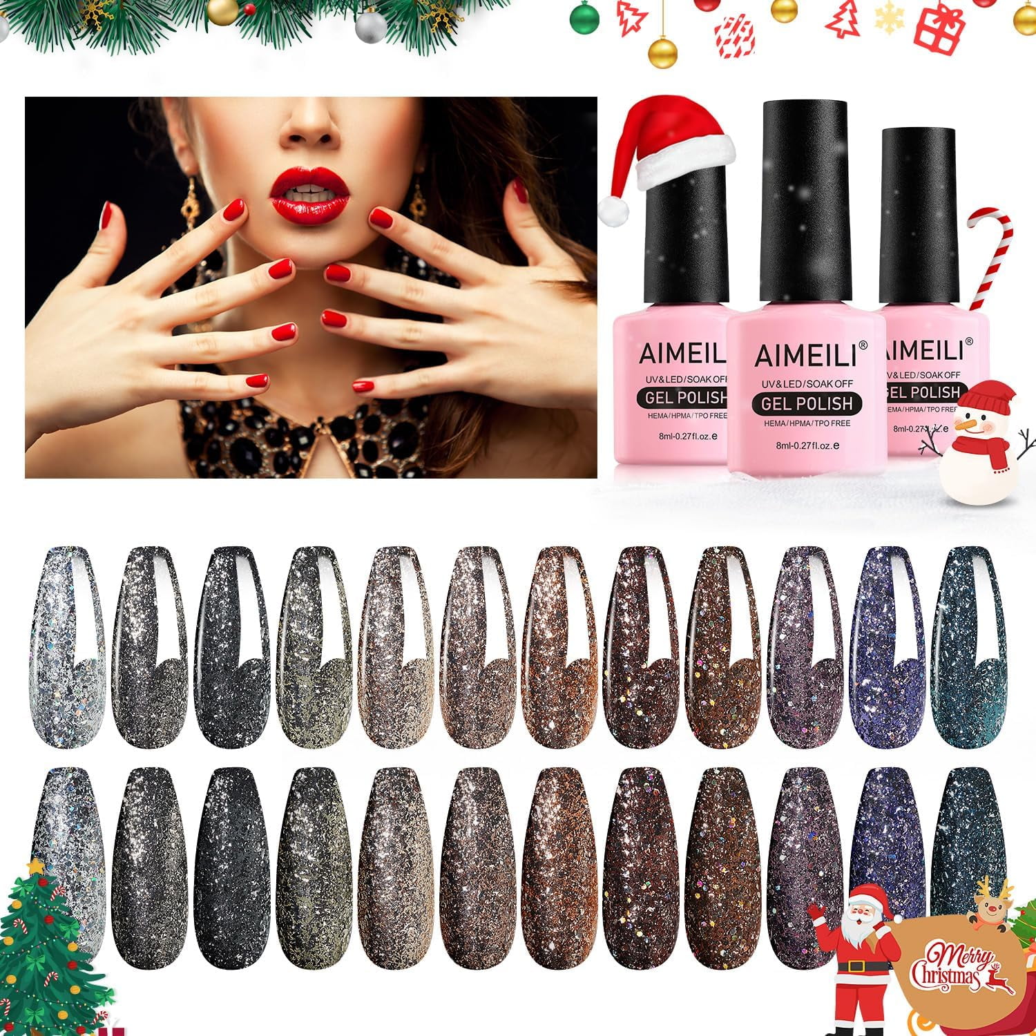 AIMEILI 12 Colors Glitter Gel Nail Polish Shiny Chunky GLitter Gel ...