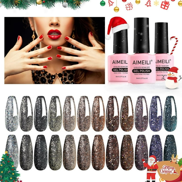 AIMEILI 12 Colors Glitter Gel Nail Polish Shiny Chunky GLitter Gel Polish Soak Off U V Nail Gel ...